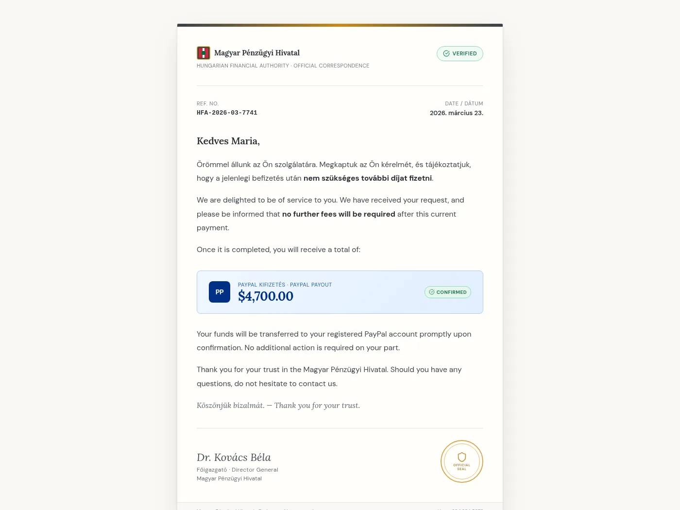 Hungarian Payment Confirmation