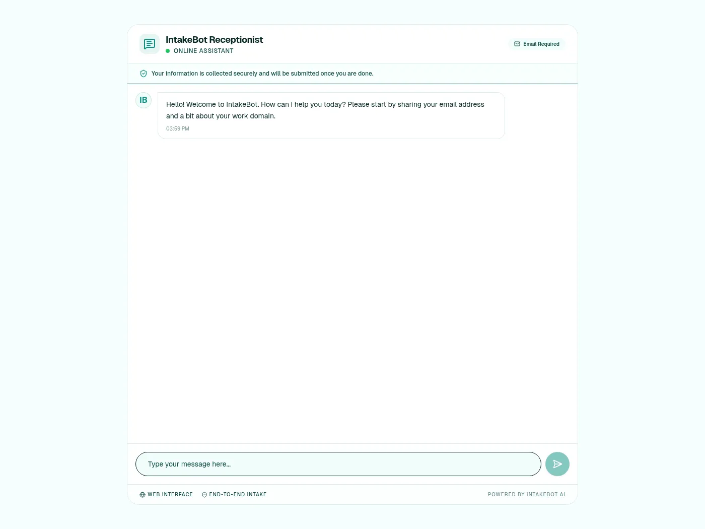 IntakeBot Receptionist Chat