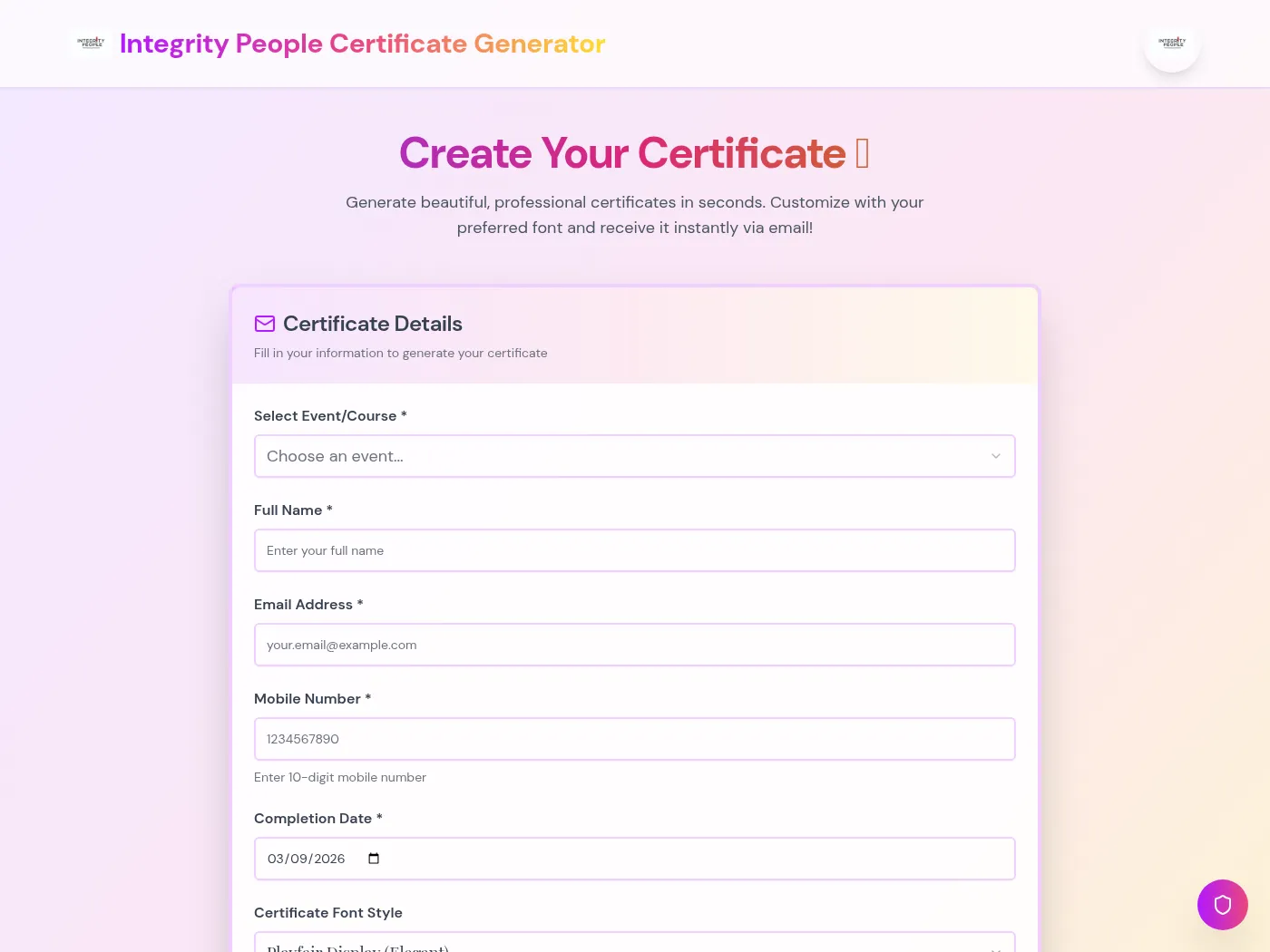 Integrity People Certificate Generator Platform
