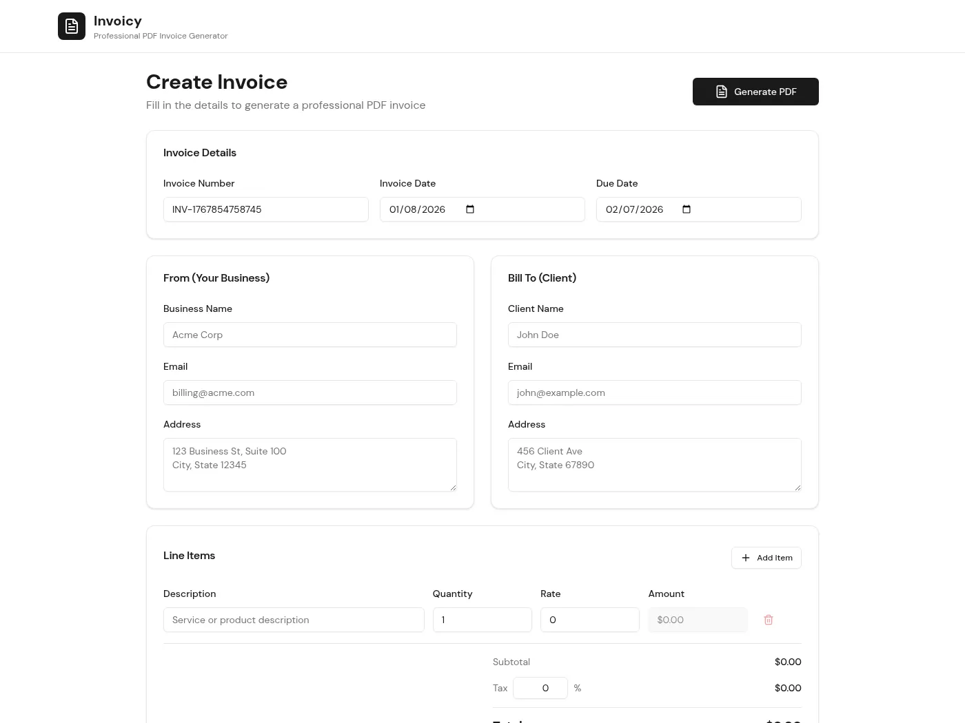 Invoicy PDF Generator
