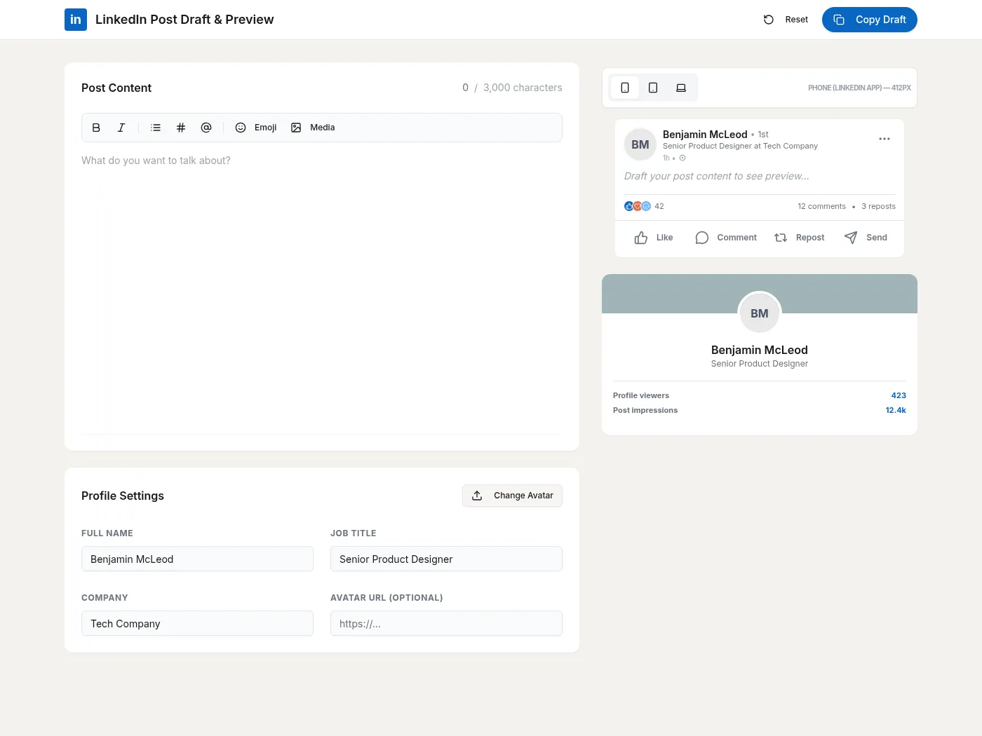 LinkedIn Post Draft & Preview Website