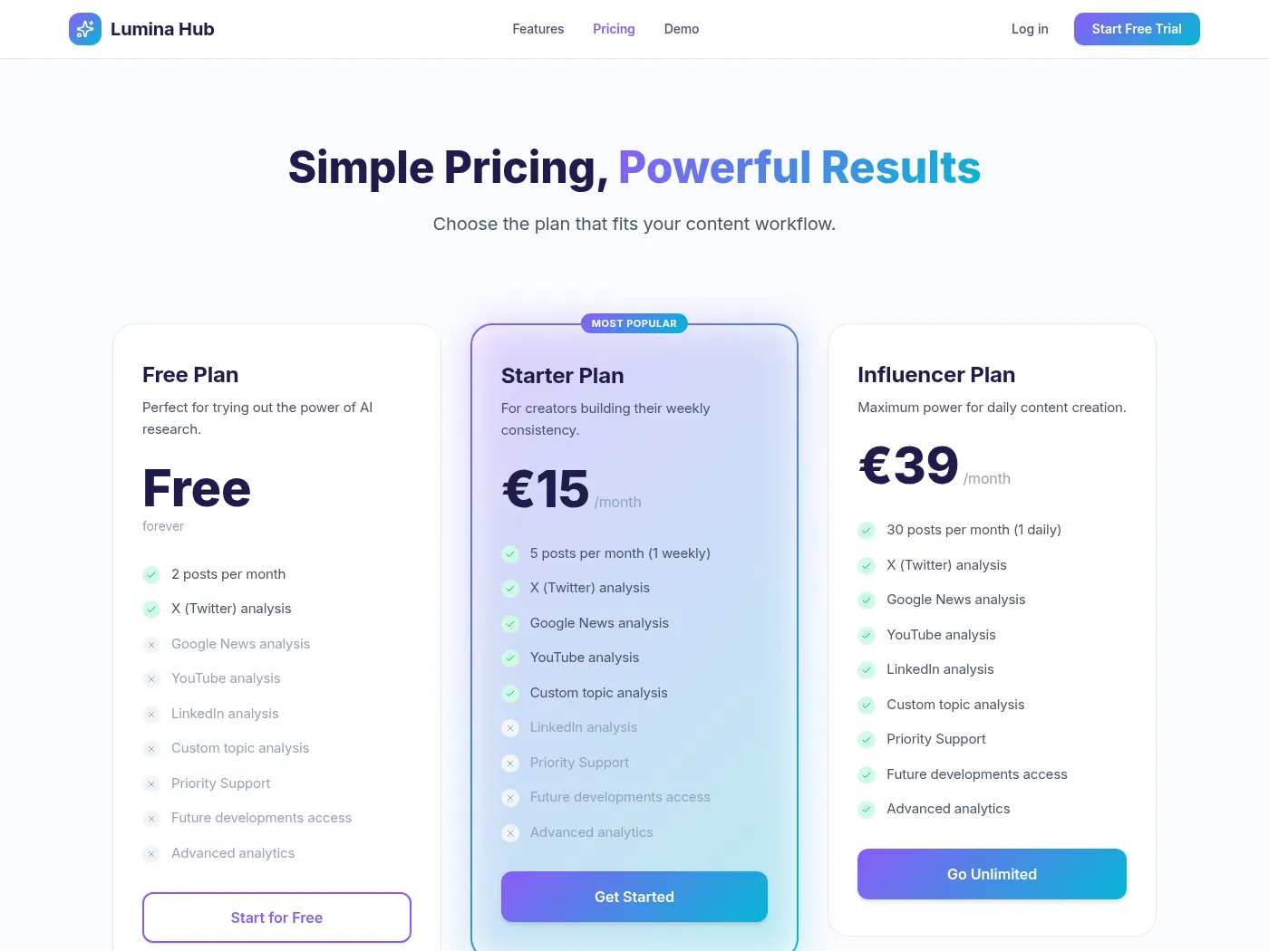Lumina Hub Pricing Page