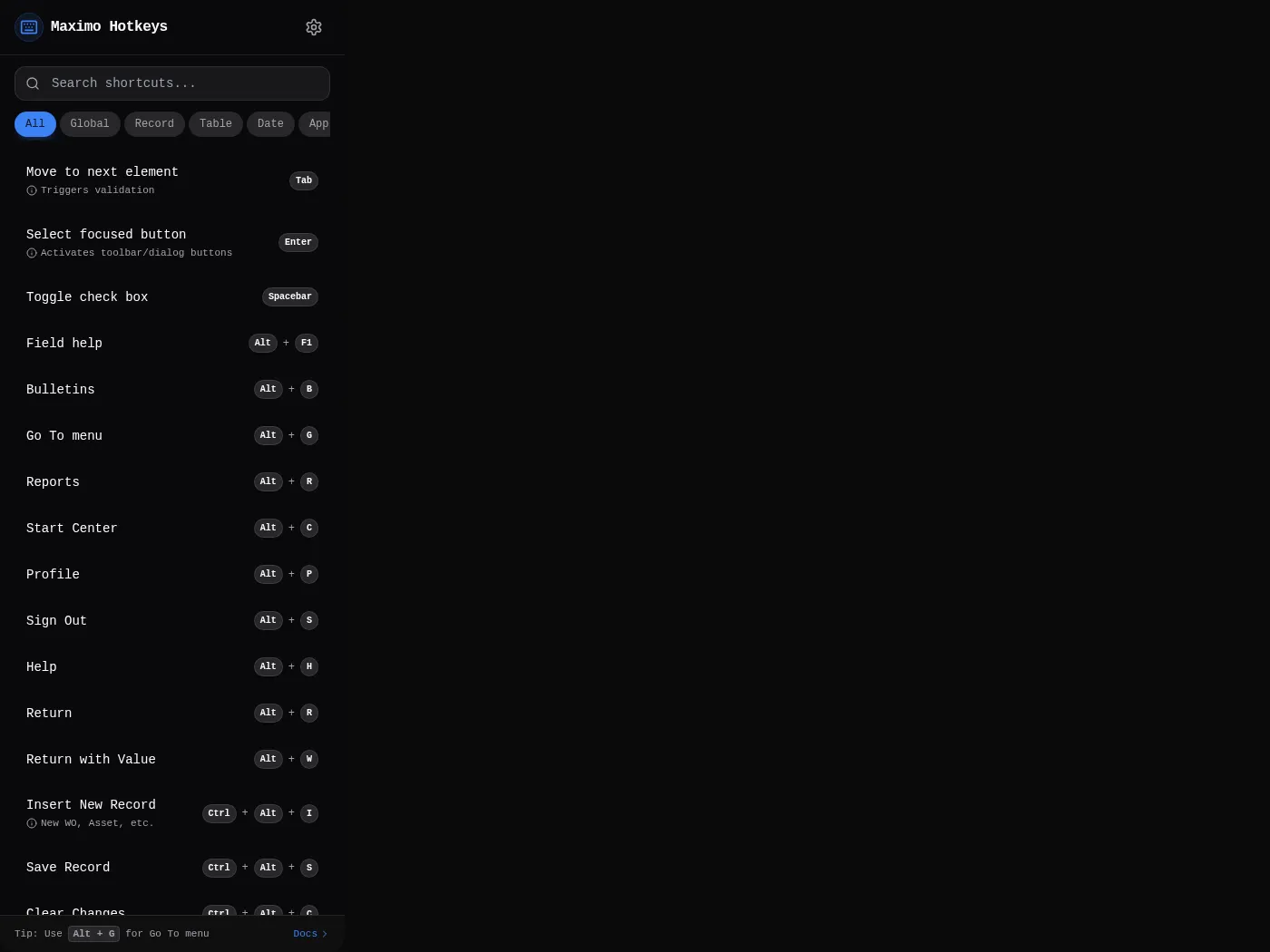 Maximo Hotkeys Extension