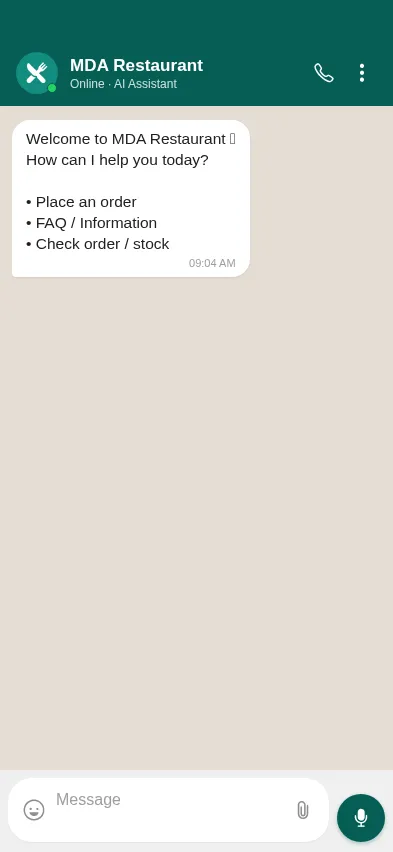 MDA Restaurant Bot Chat
