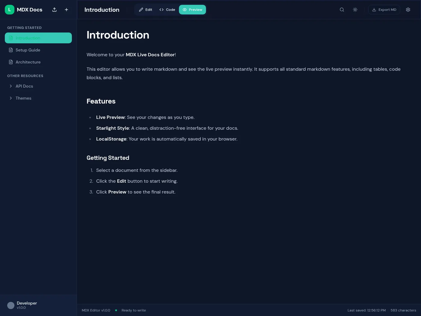 MDX Live Docs Editor