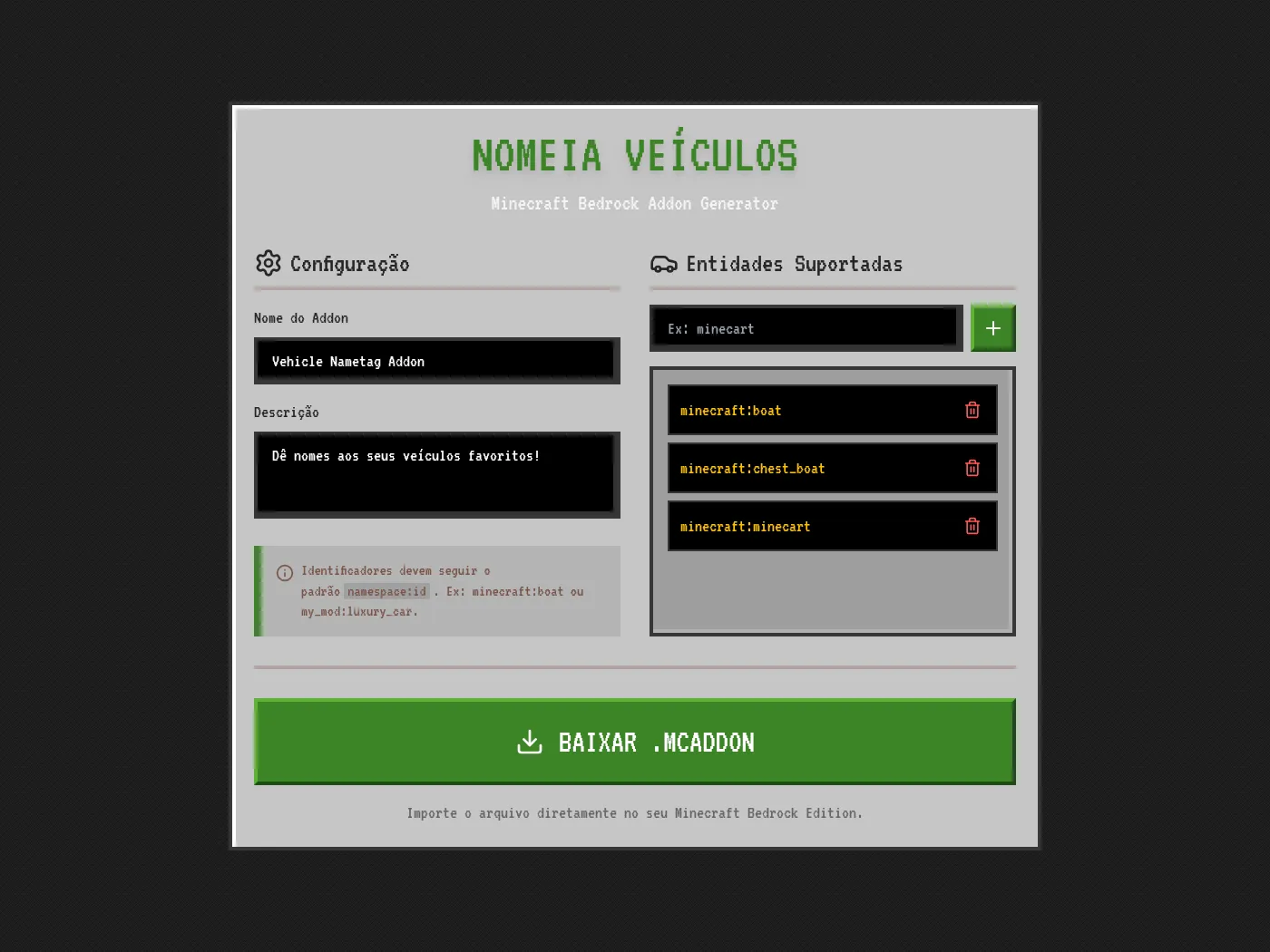 Nomeia Veículos Minecraft