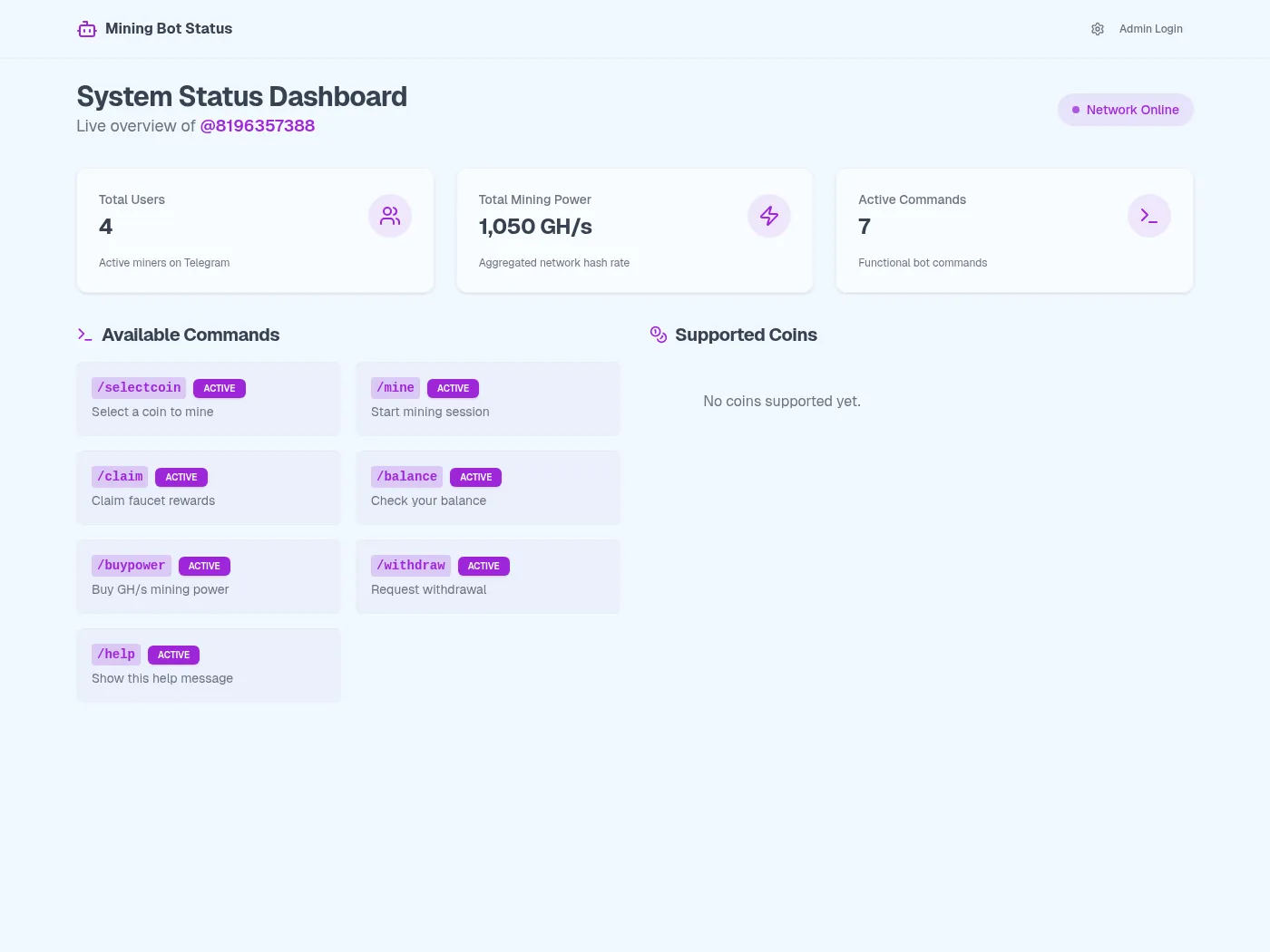 Telegram Mining Bot Dashboard