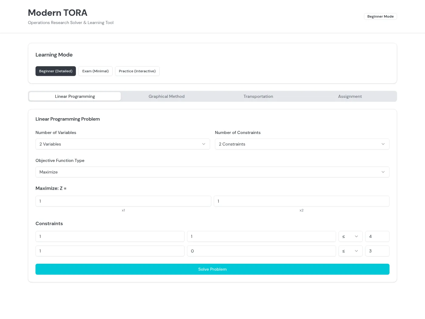 Modern TORA Web Solver