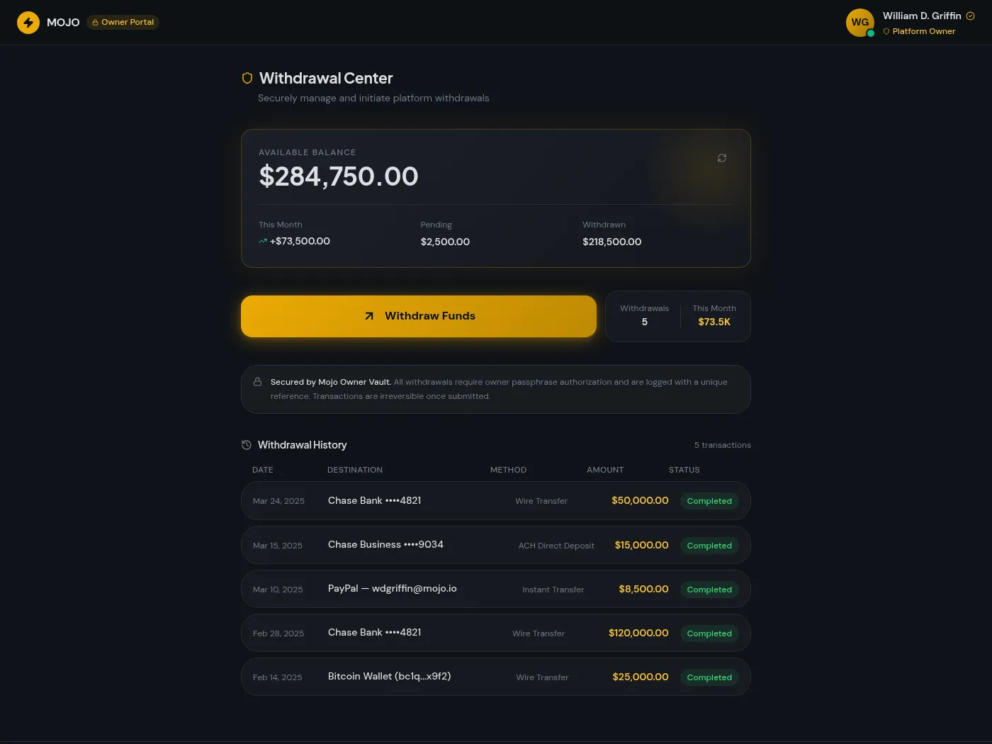Mojo Owner Withdraw