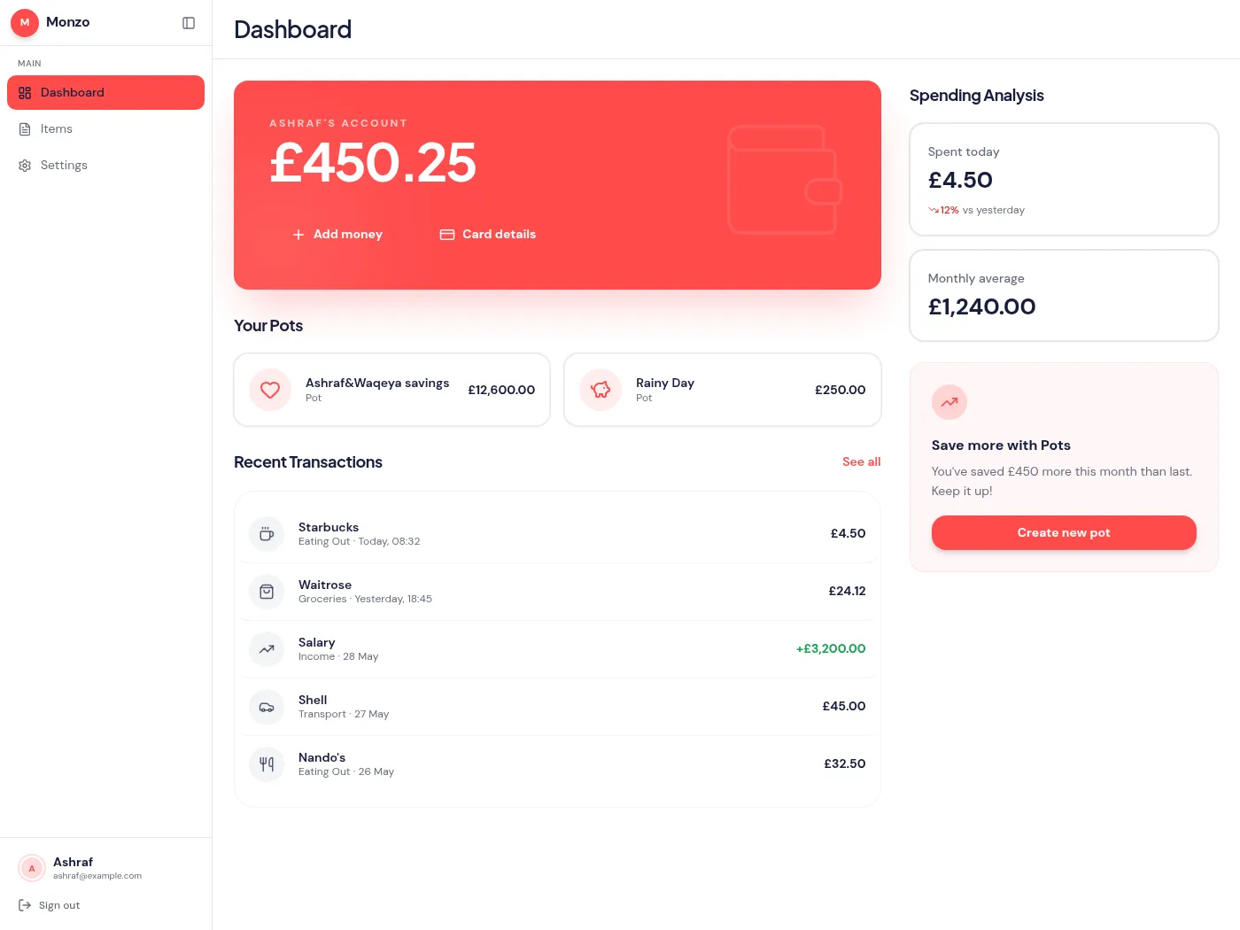 Custom Monzo Account Dashboard