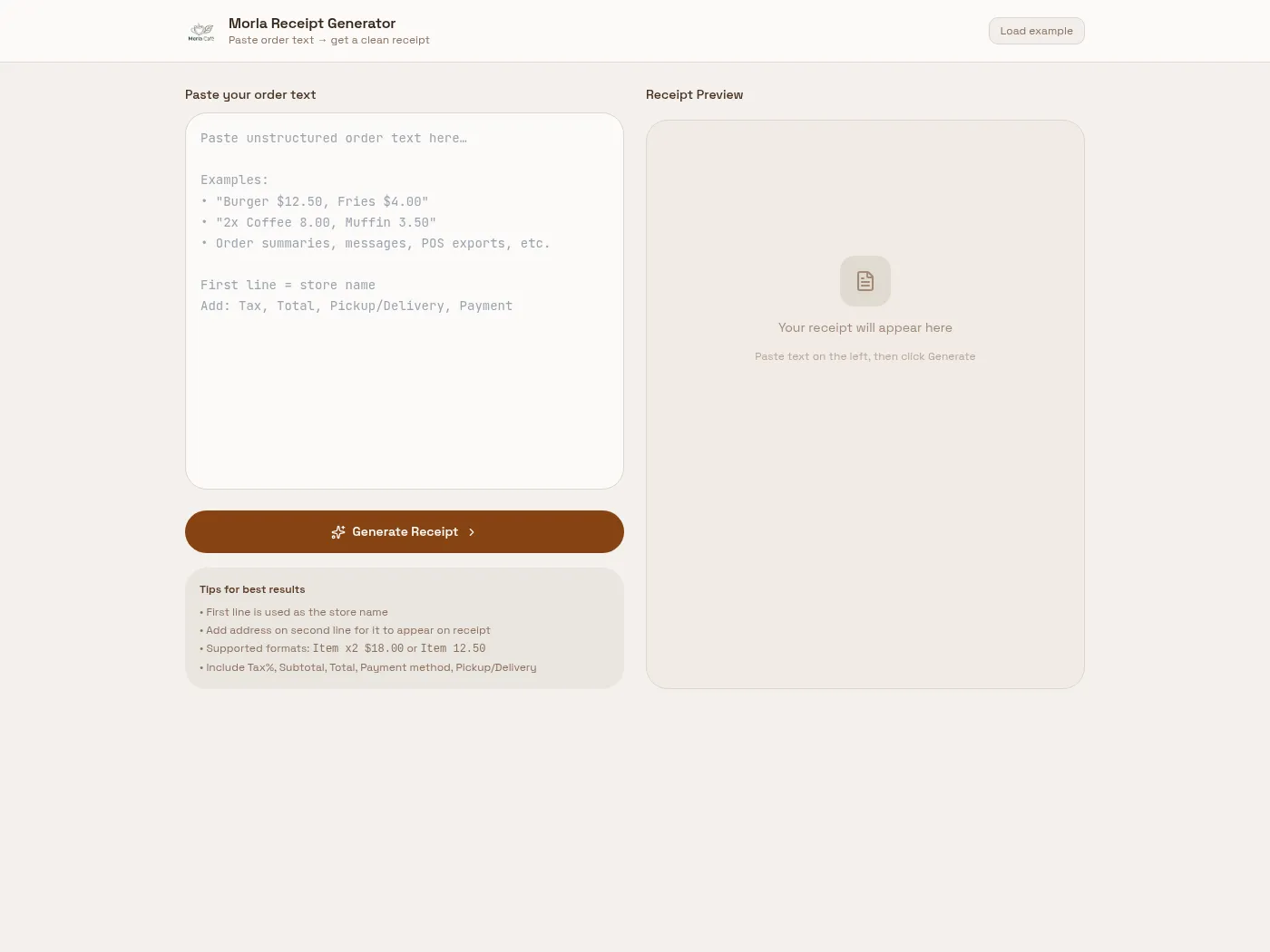 Morla Receipt Generator