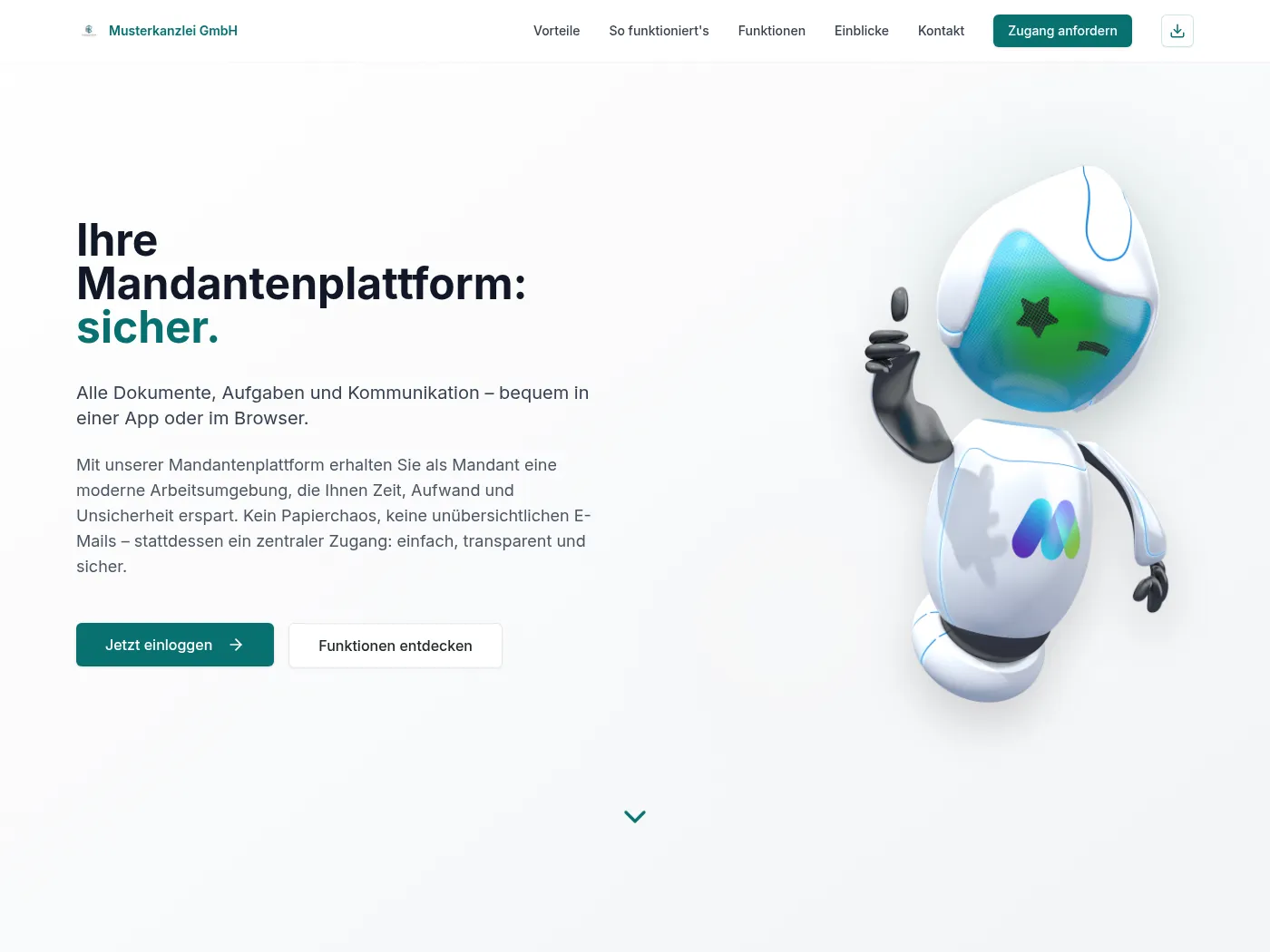 Musterkanzlei Mandantenplattform – Modernes Kanzlei-Onepager in Deutsch