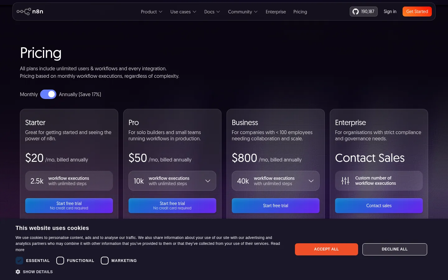 n8n pricing page — Starter €20/mo, Pro €50/mo; LLM costs billed separately for AI Agent nodes
