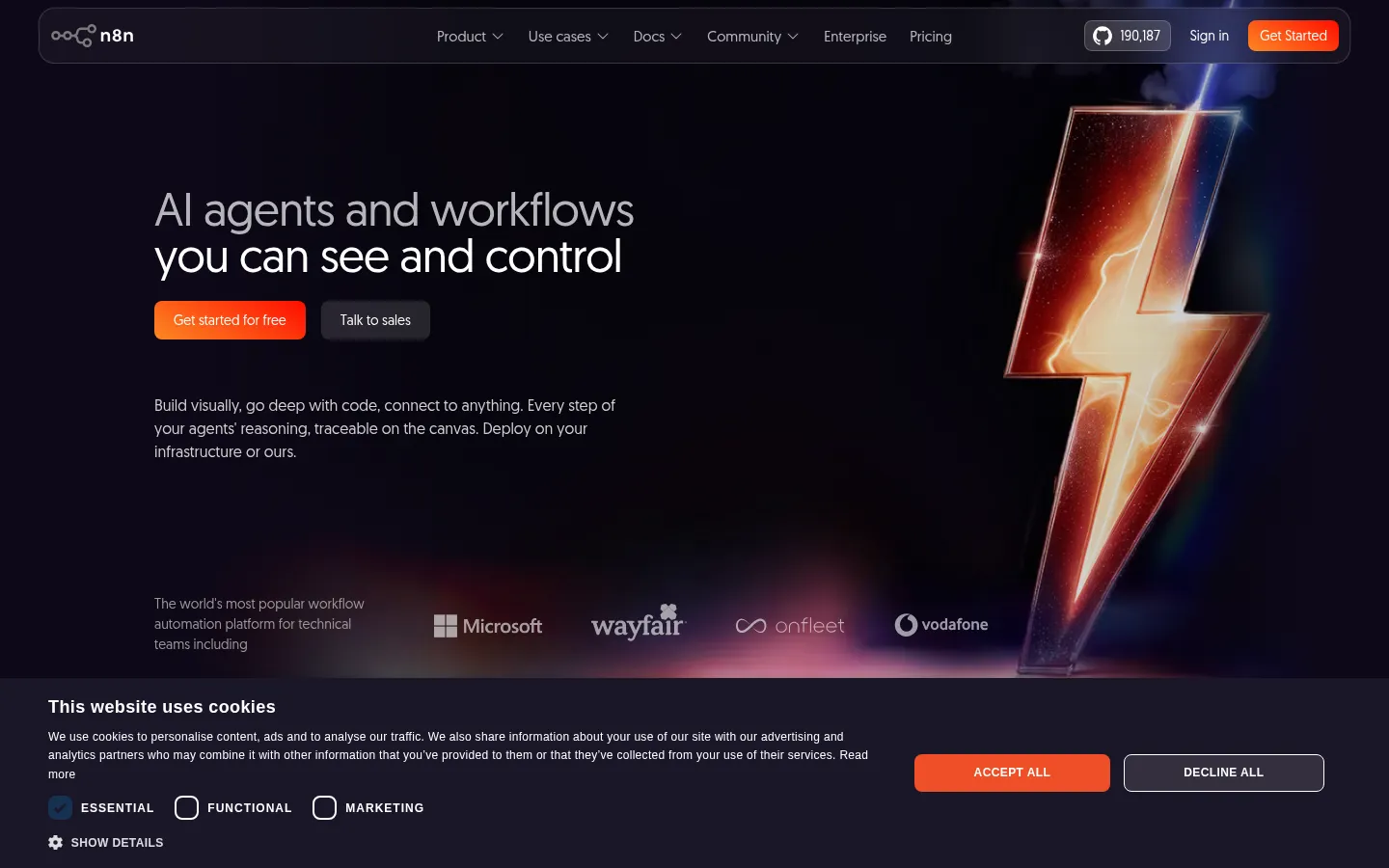 n8n landing page — visual workflow automation platform with 400+ integrations and 9,500+ templates