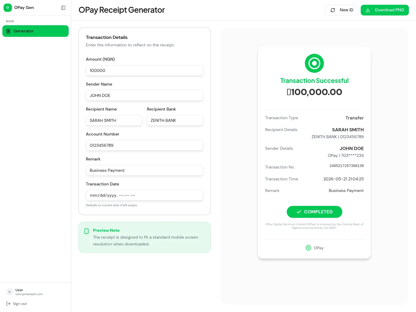 Opay Receipt Generator