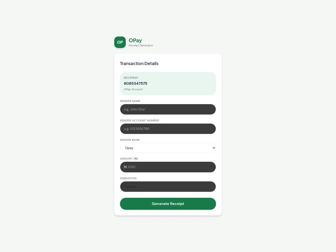 Opay Receipt Generator