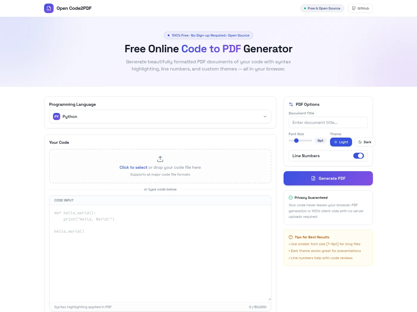 Open Code2PDF