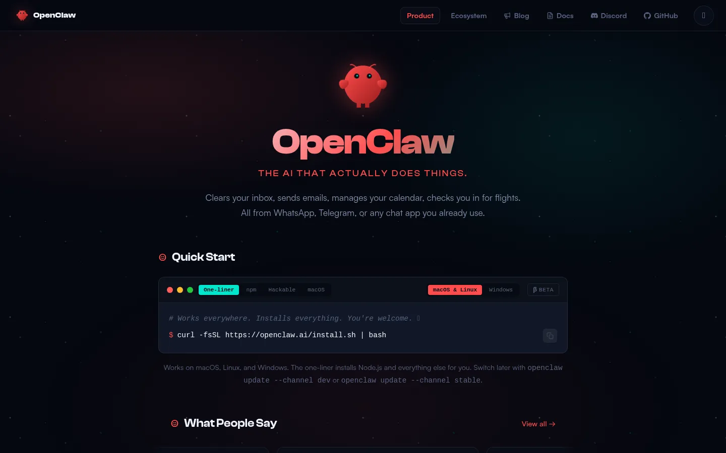 OpenClaw landing page — self-hosted AI agent that runs on your infrastructure