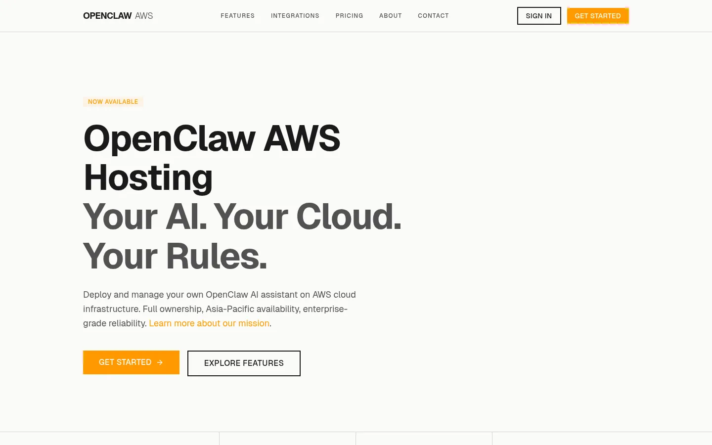 openclawaws.com landing page — AWS-based OpenClaw deployment for APAC and cloud-native teams with full AWS flexibility