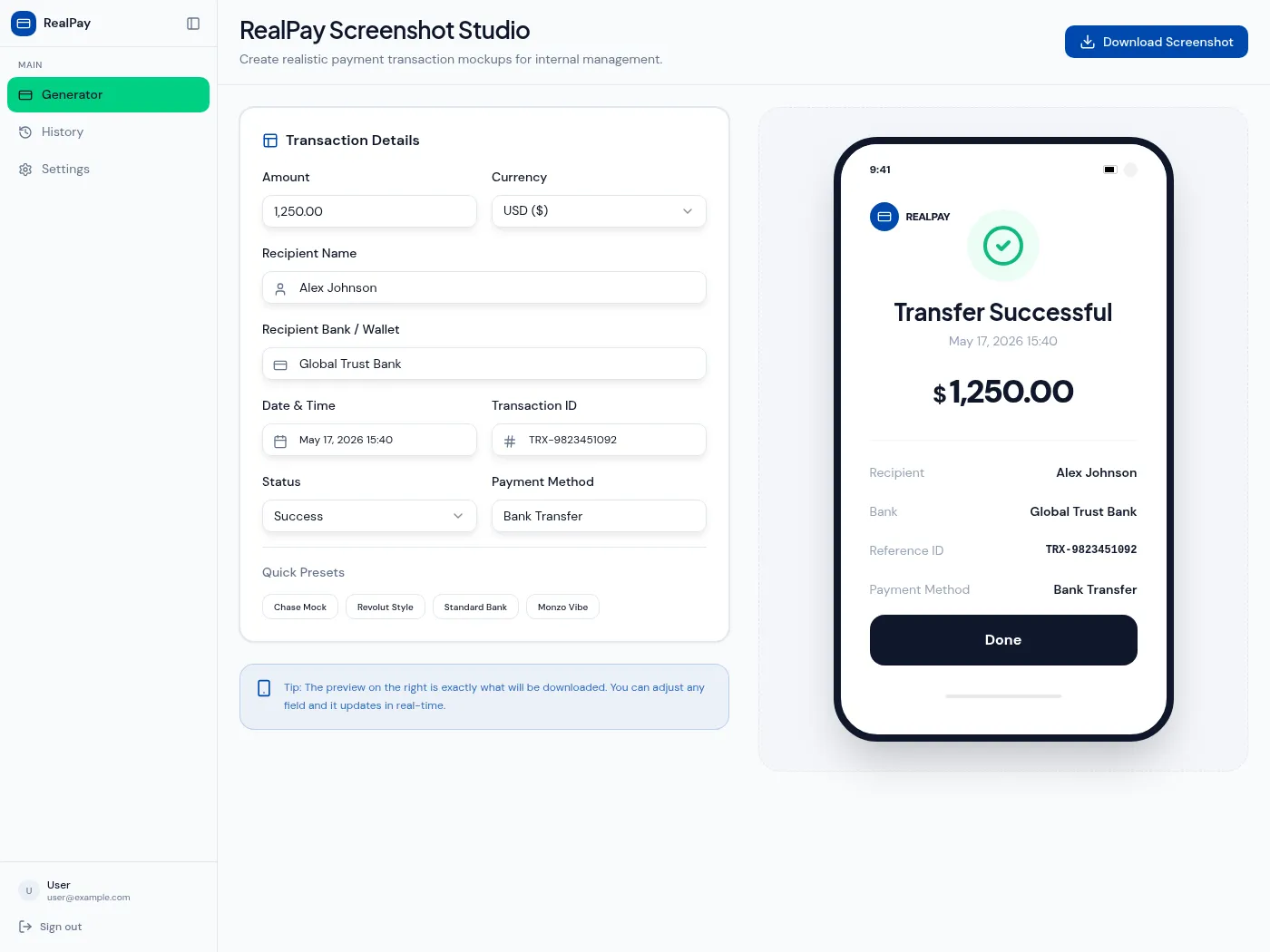 RealPay Screenshot Studio