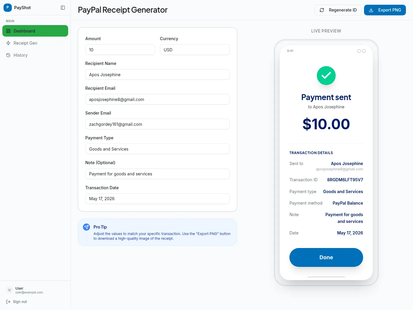 PayPal Screenshot Generator