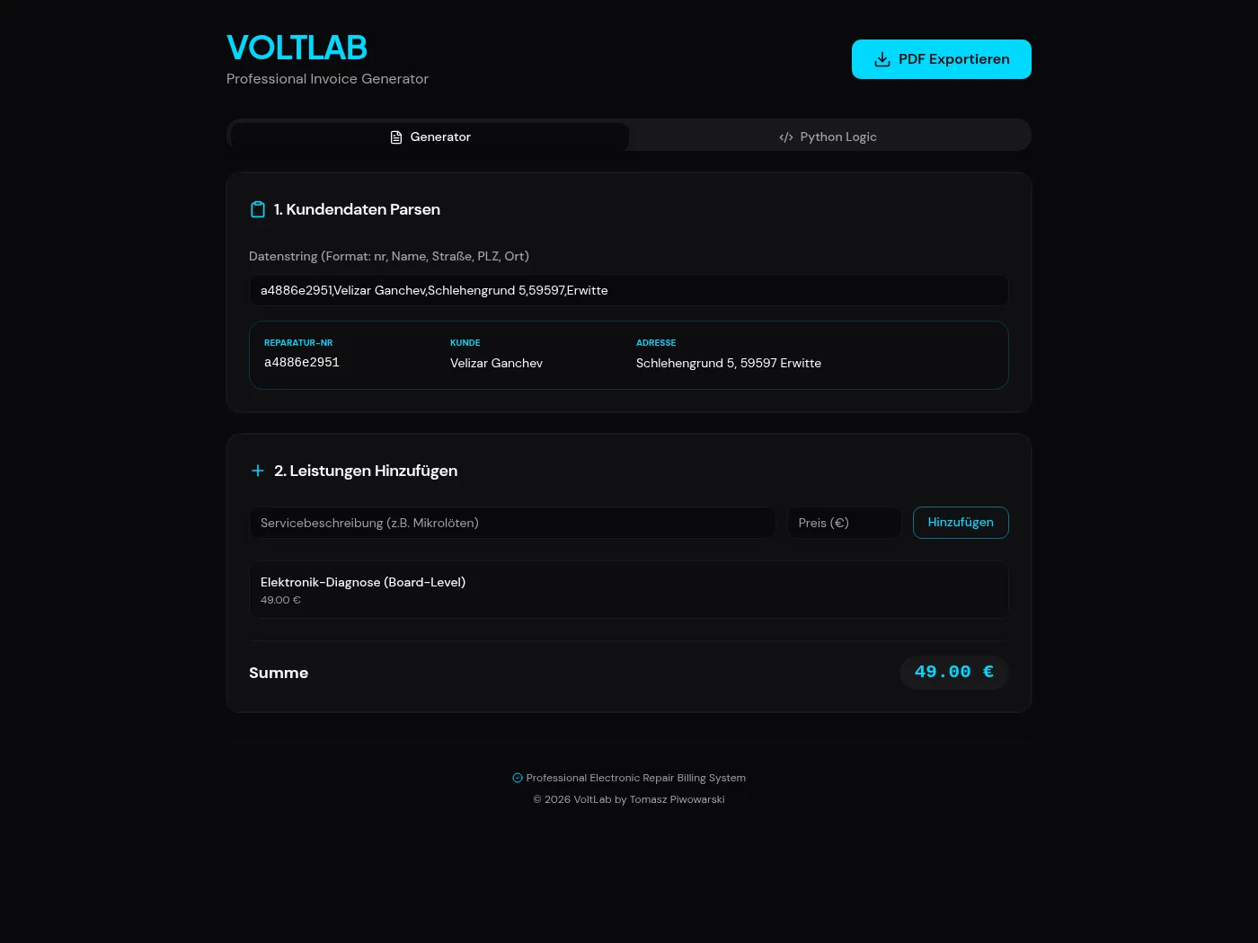 VoltLab Invoice Generator