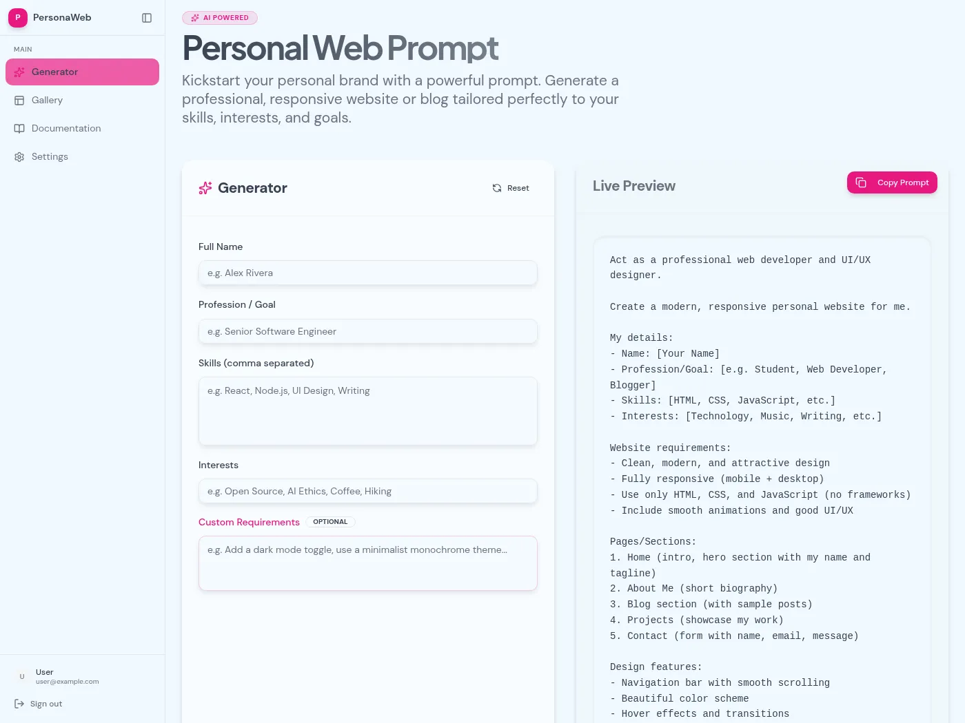 PersonaWeb Starter Prompt