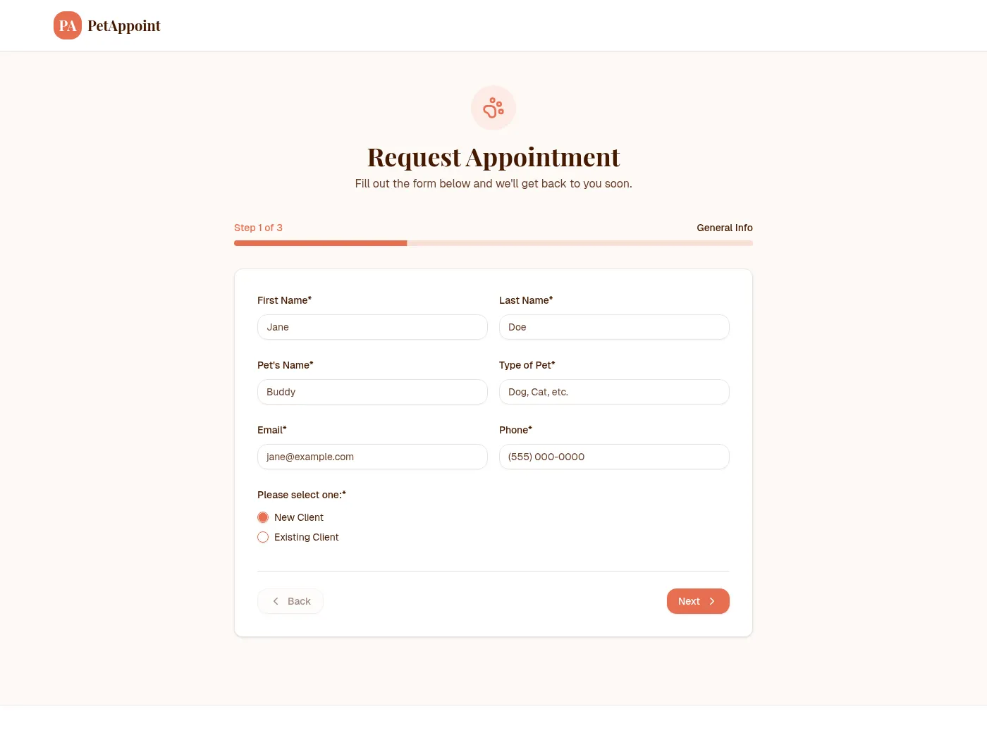 Pet Appointment Request Page
