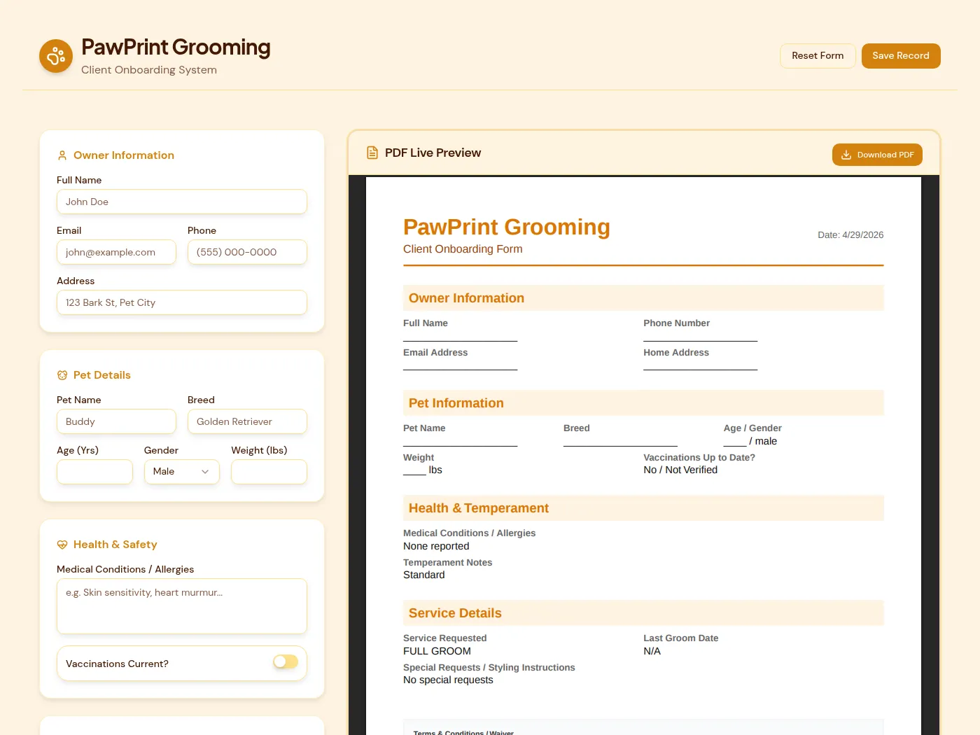 Pet Groomer Onboarding Form