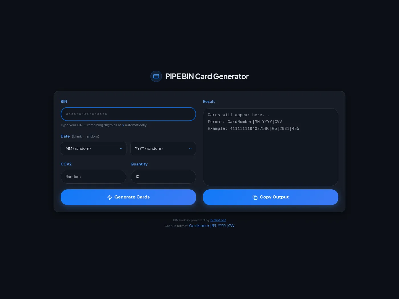 Pipe BIN Card Generator