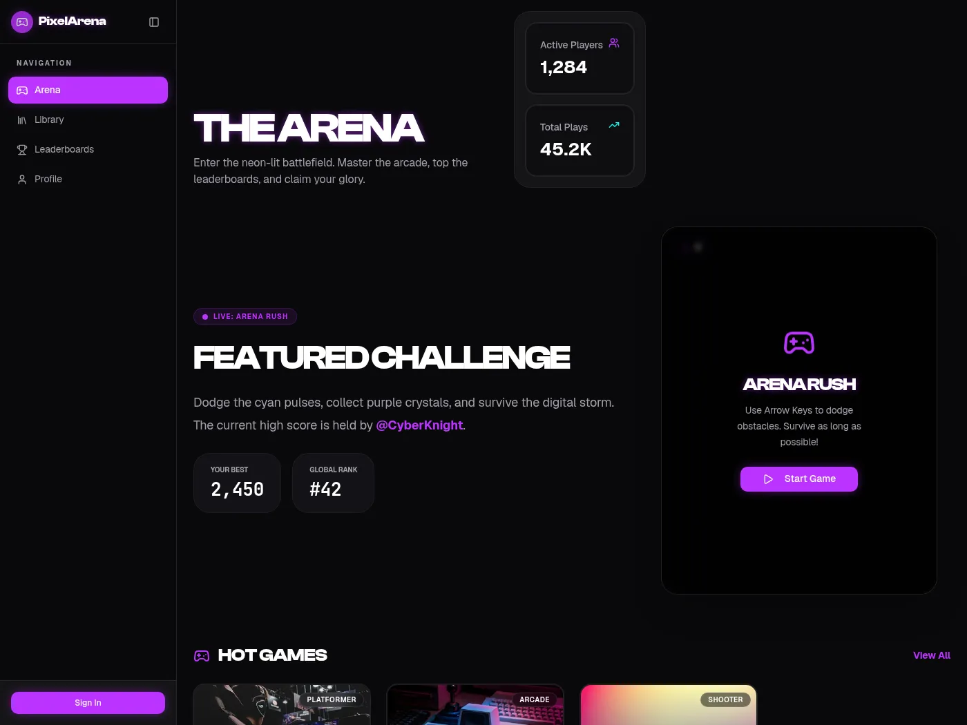 PixelArena Arcade Hub
