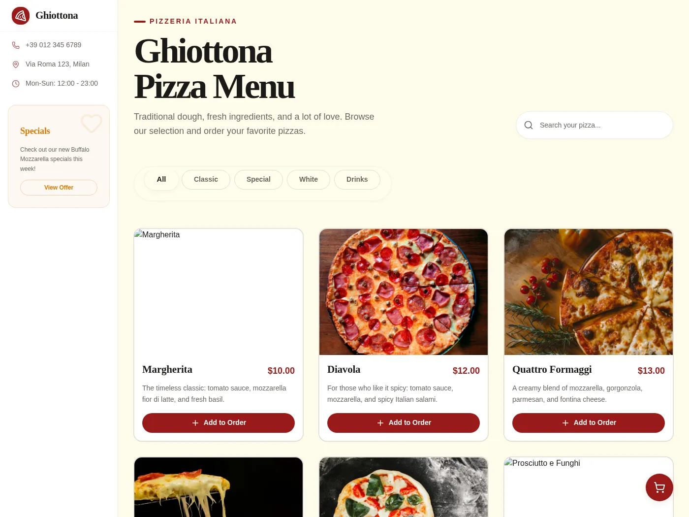 Ghiottona Pizza Menu