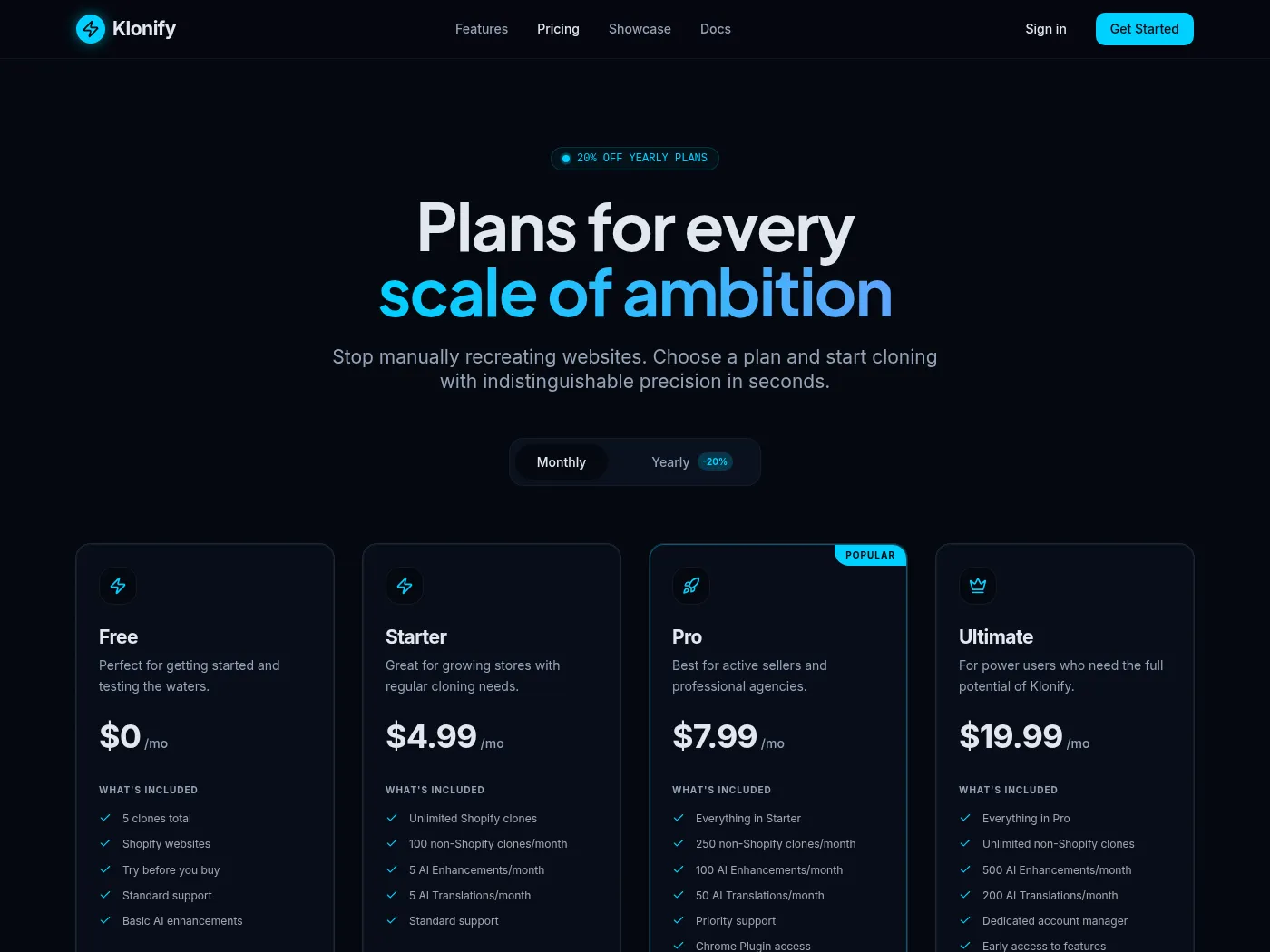 Klonify Plans Webpage