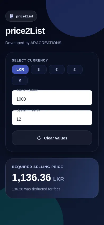 Price2List Calculator