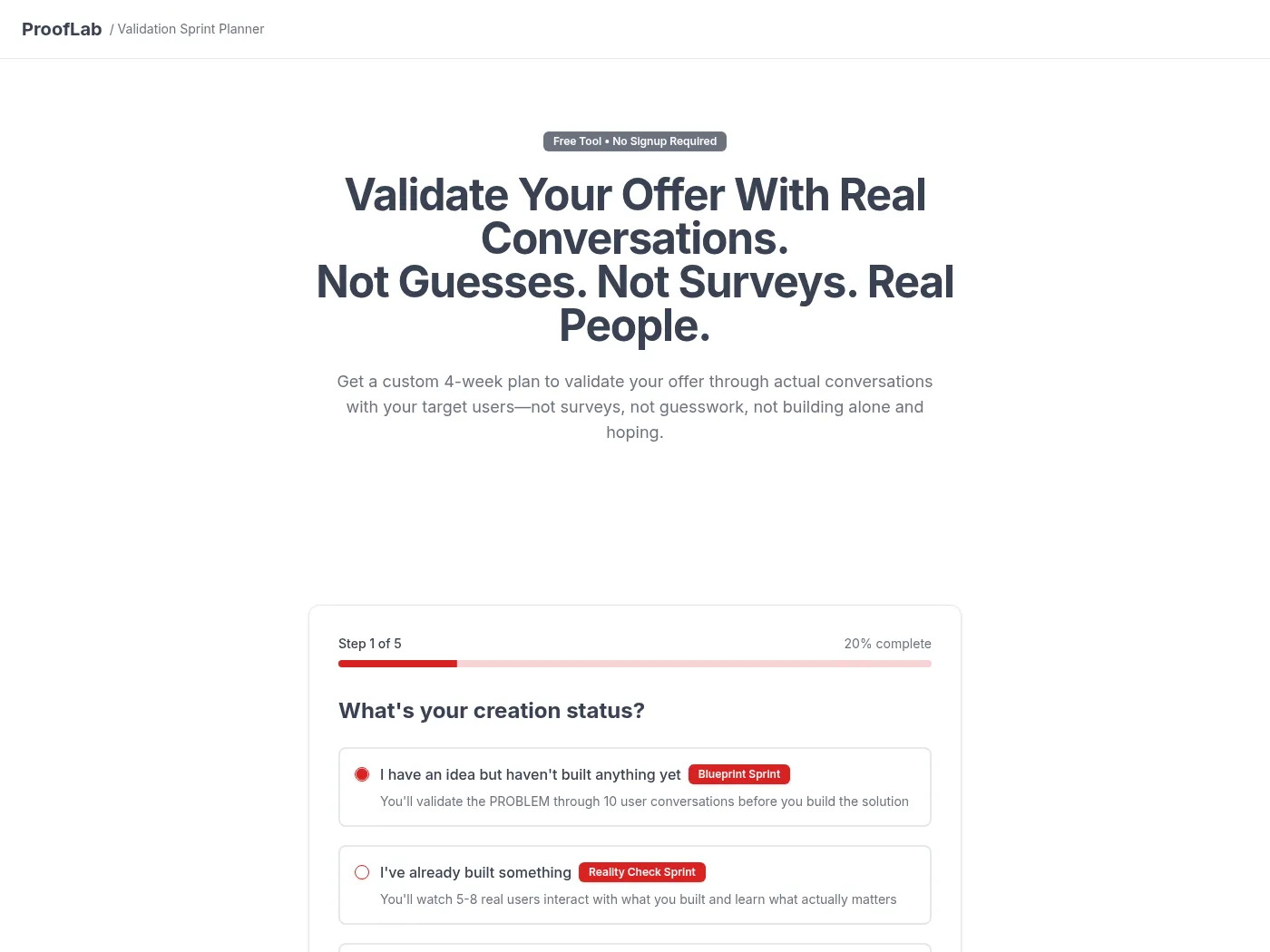 ProofLab Validation Sprint Planner – Interactive AI Landing Tool