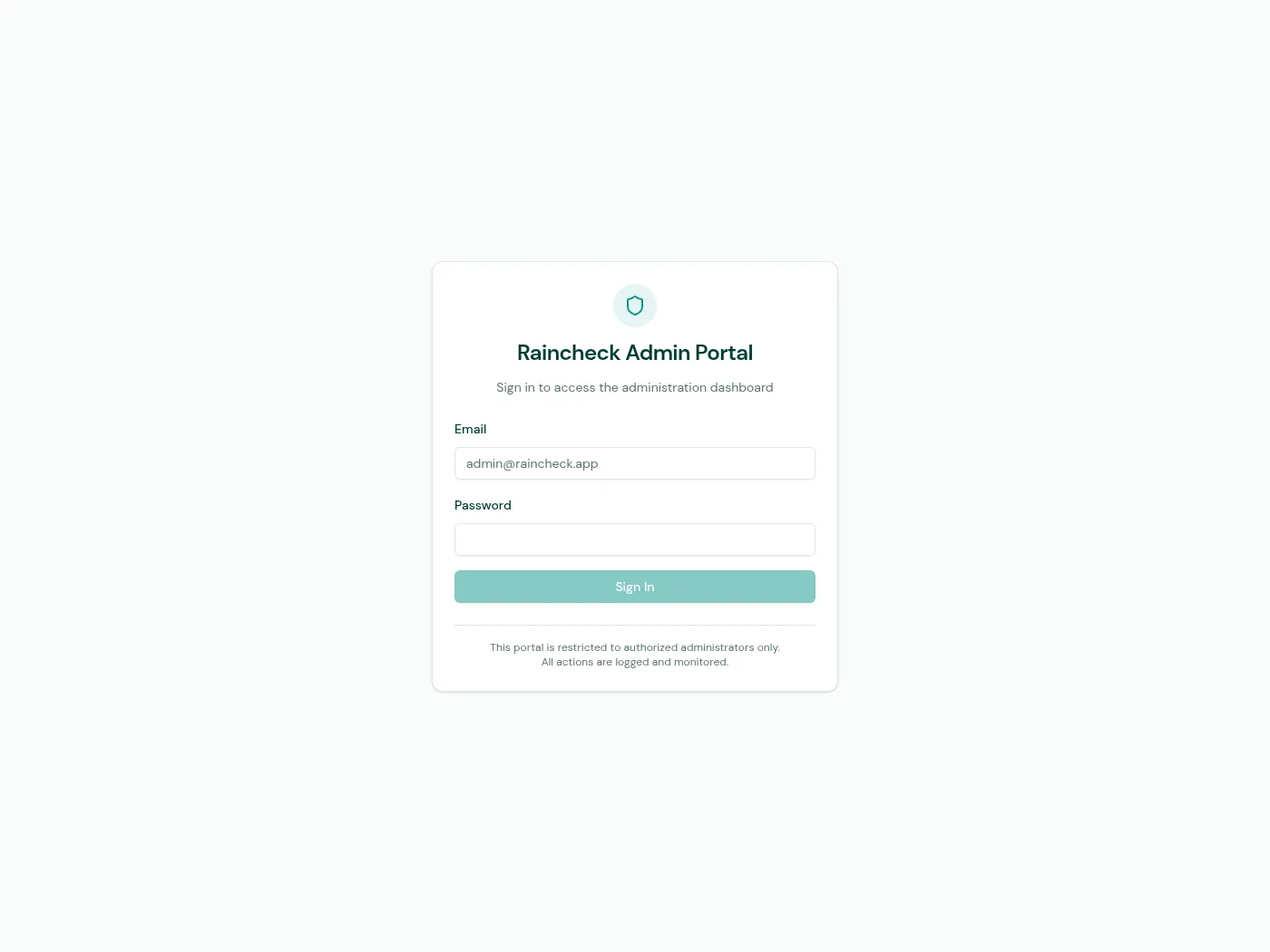 Raincheck Admin Portal
