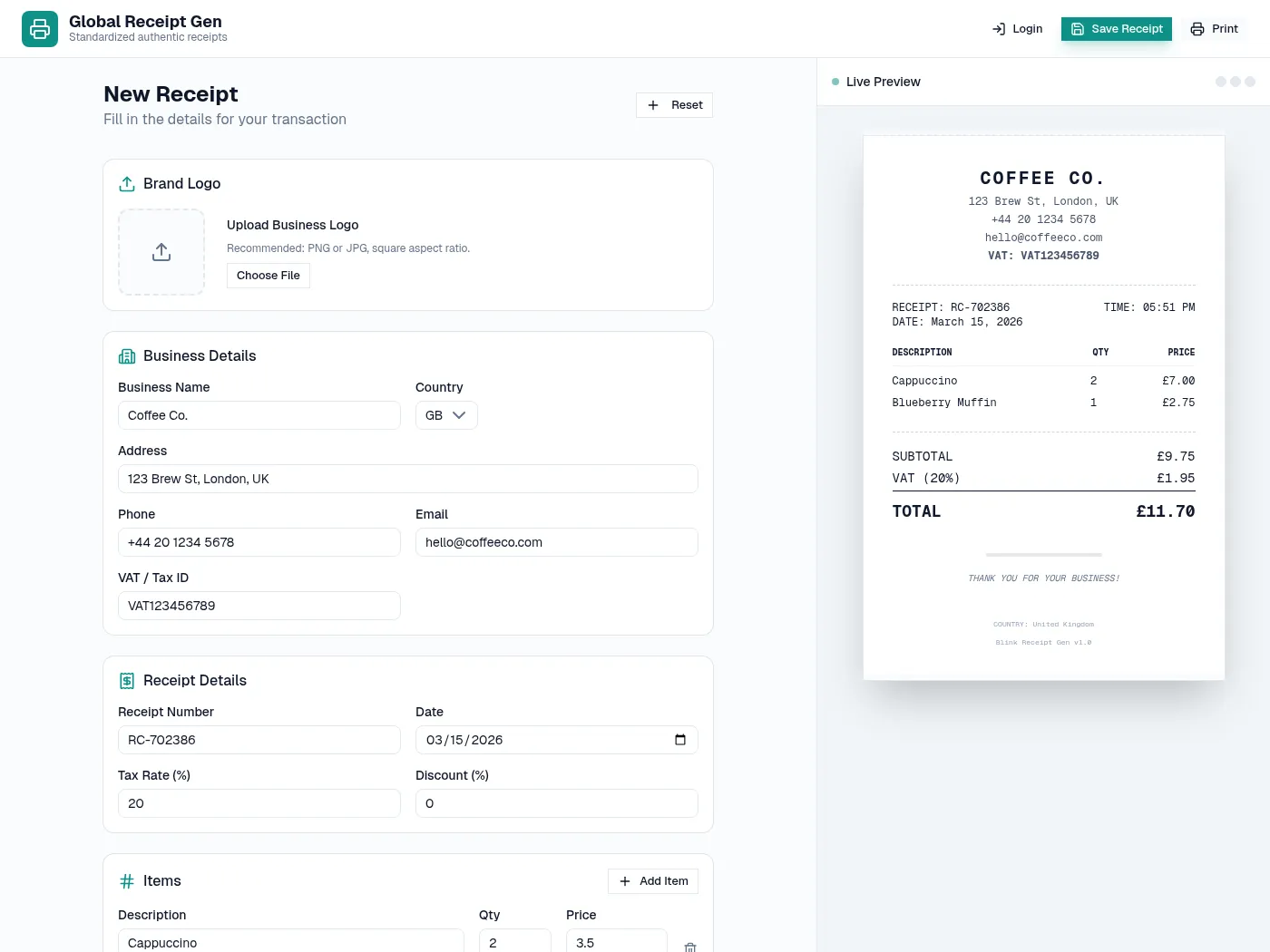 Global Receipt Generator