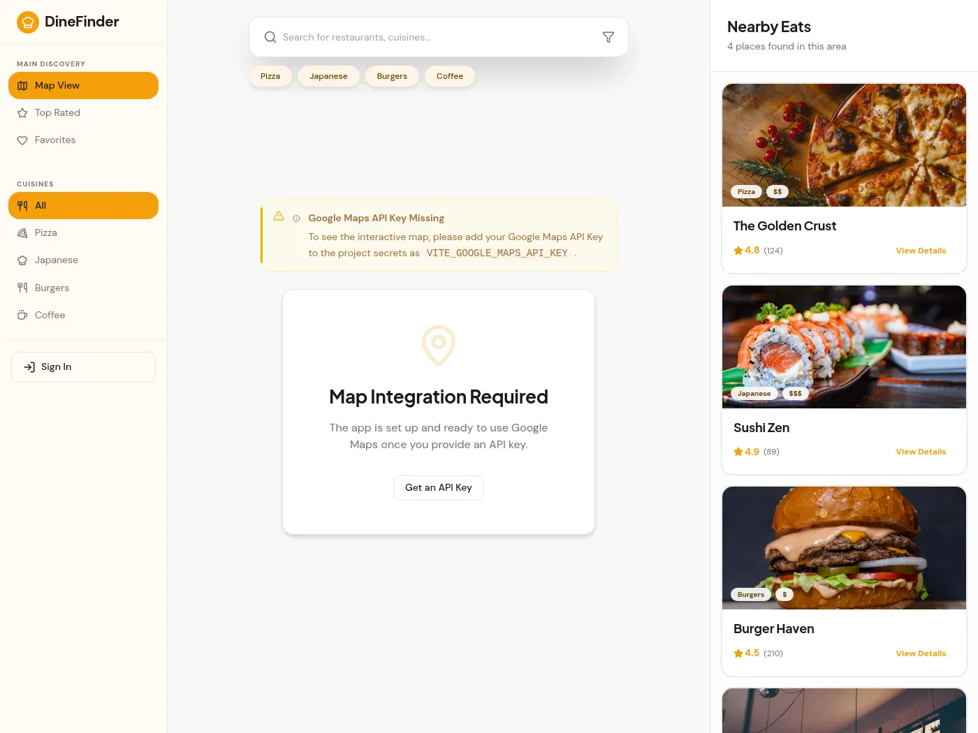 DineFinder Maps App