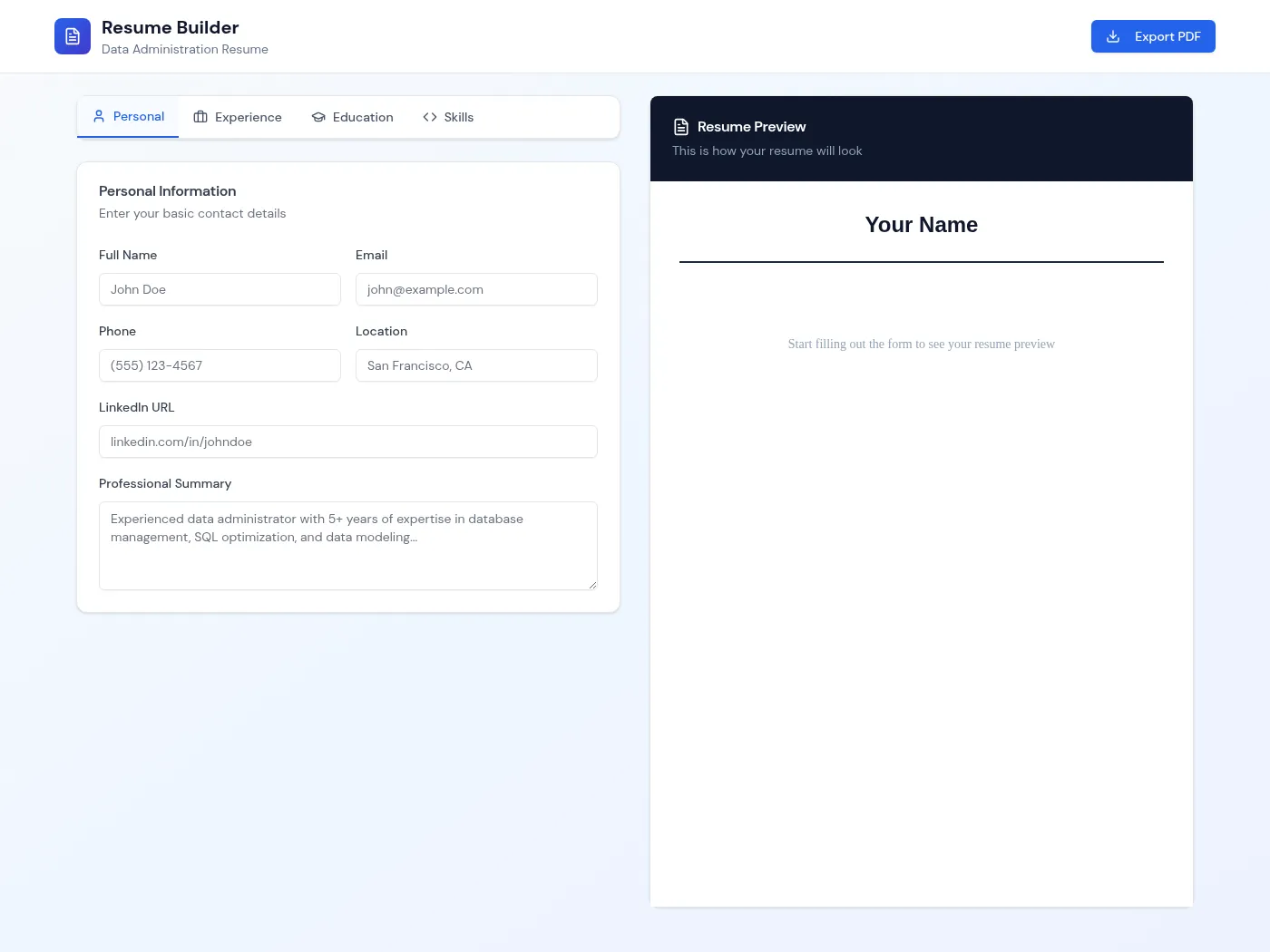 Data Admin Resume Builder
