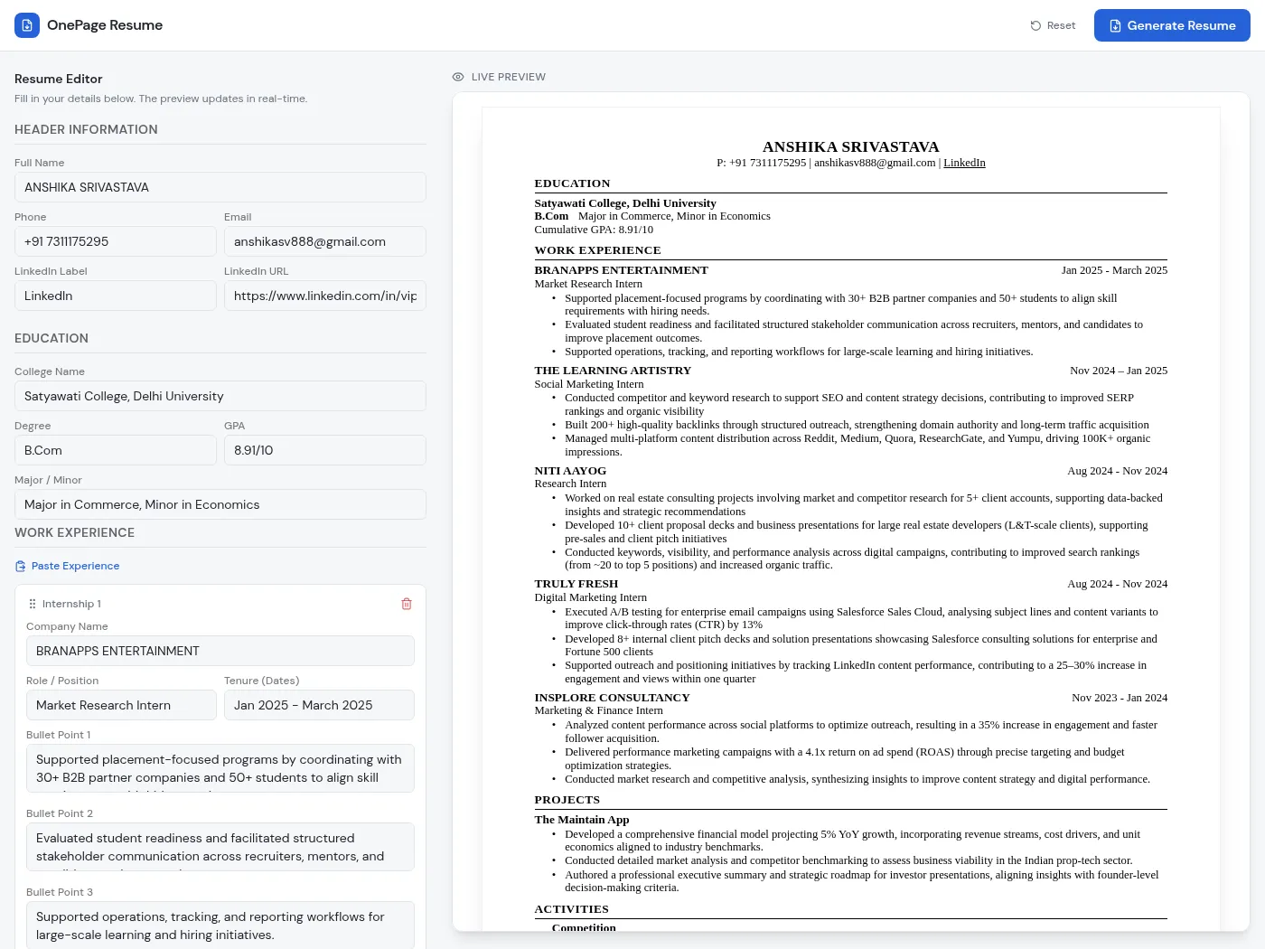 OnePage Resume Generator