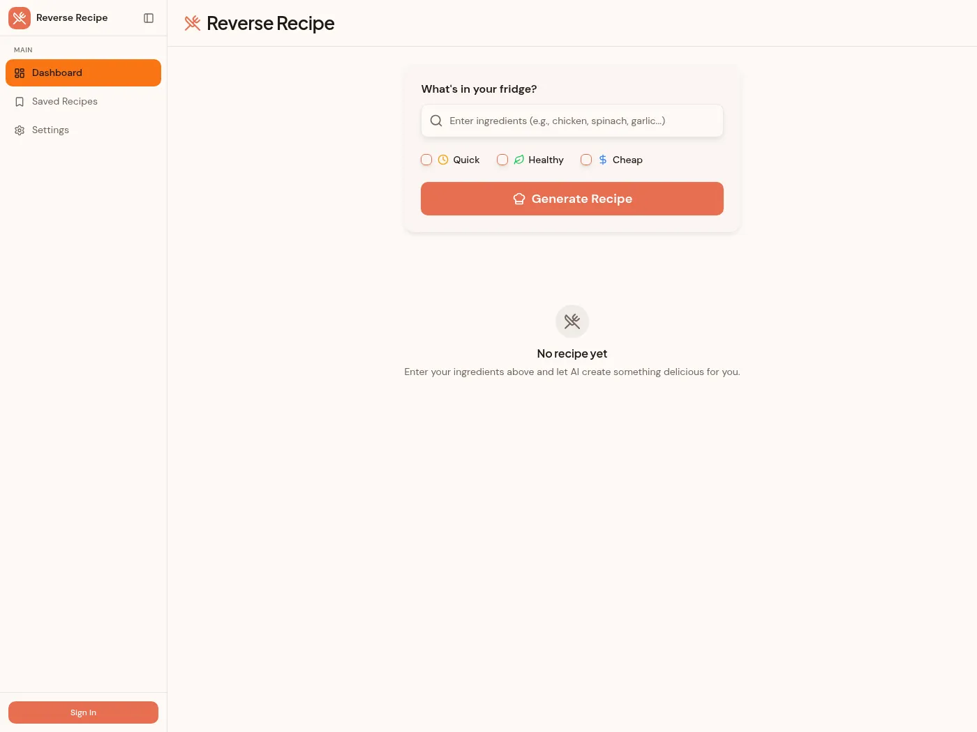 Reverse Recipe Dashboard