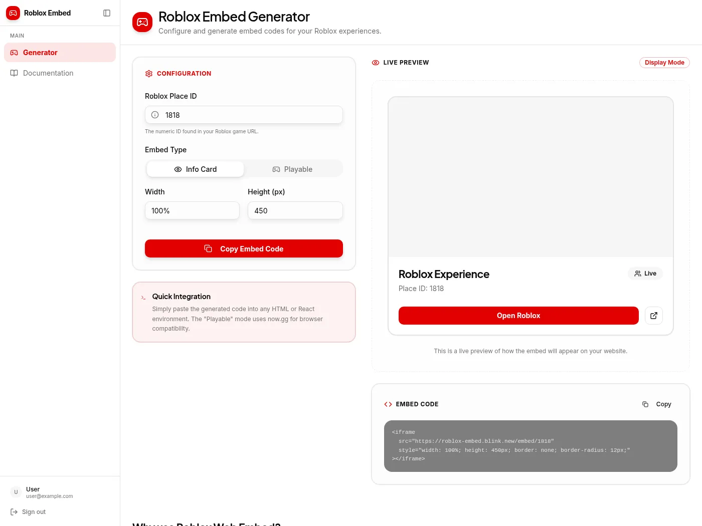 Roblox Web Embed