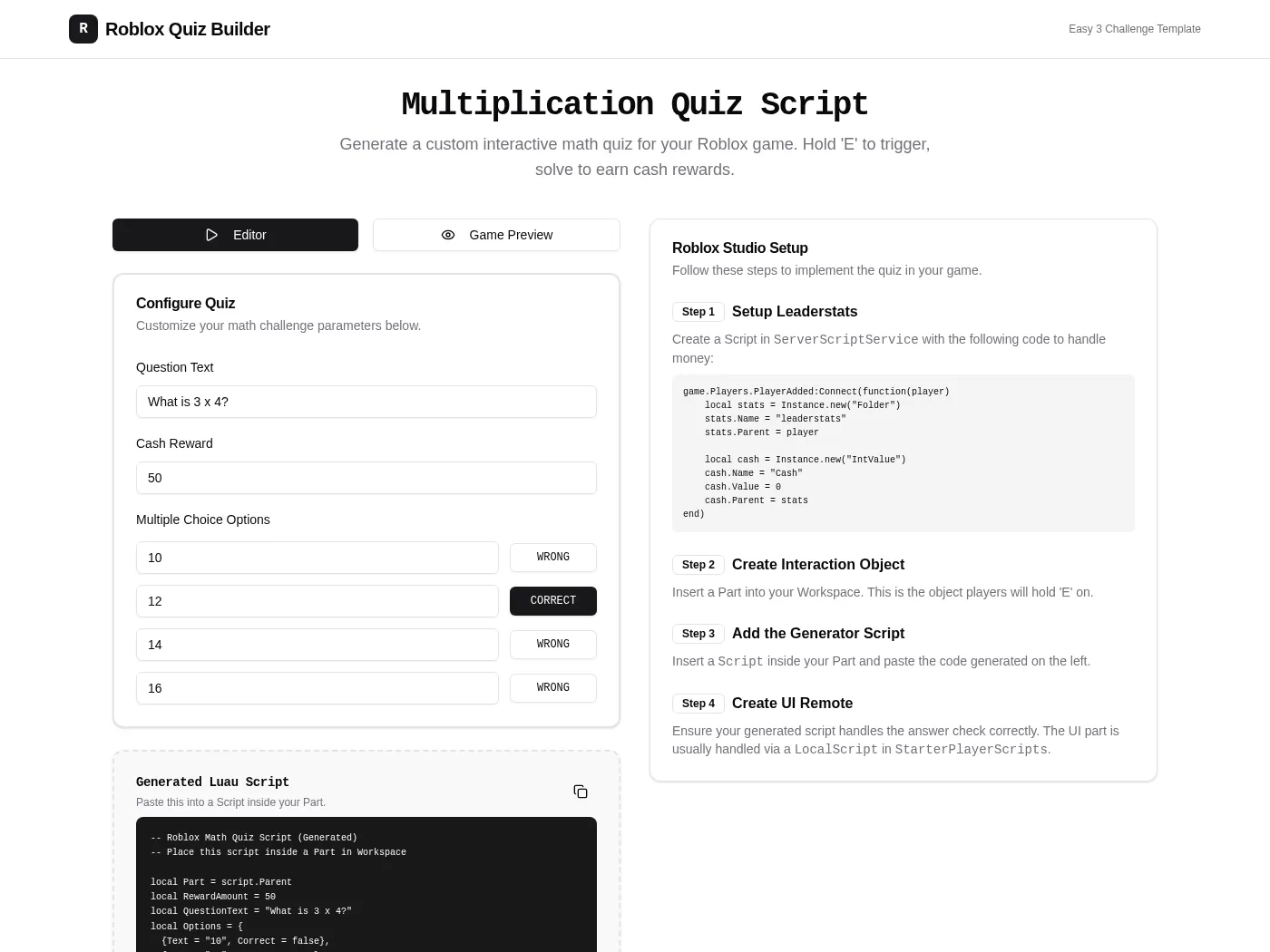 Roblox Math Quiz Script