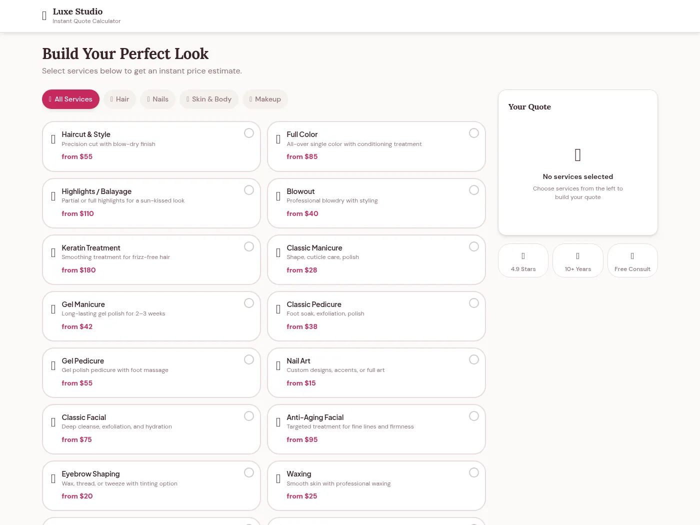 Salon Quote Calculator