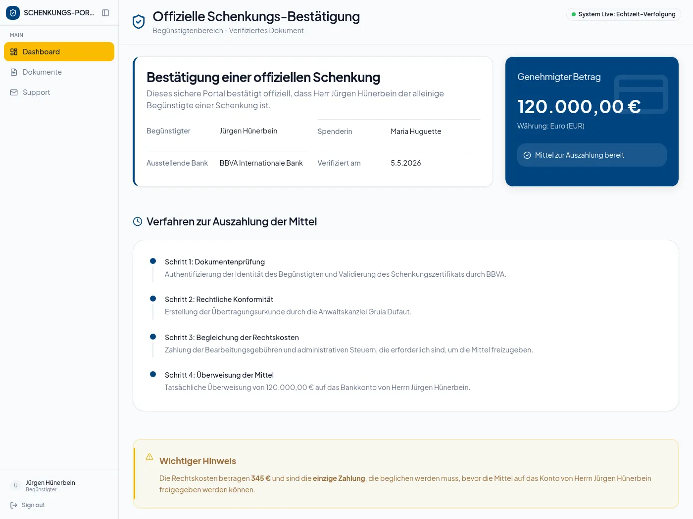 Schenkungs-Bestätigungsportal