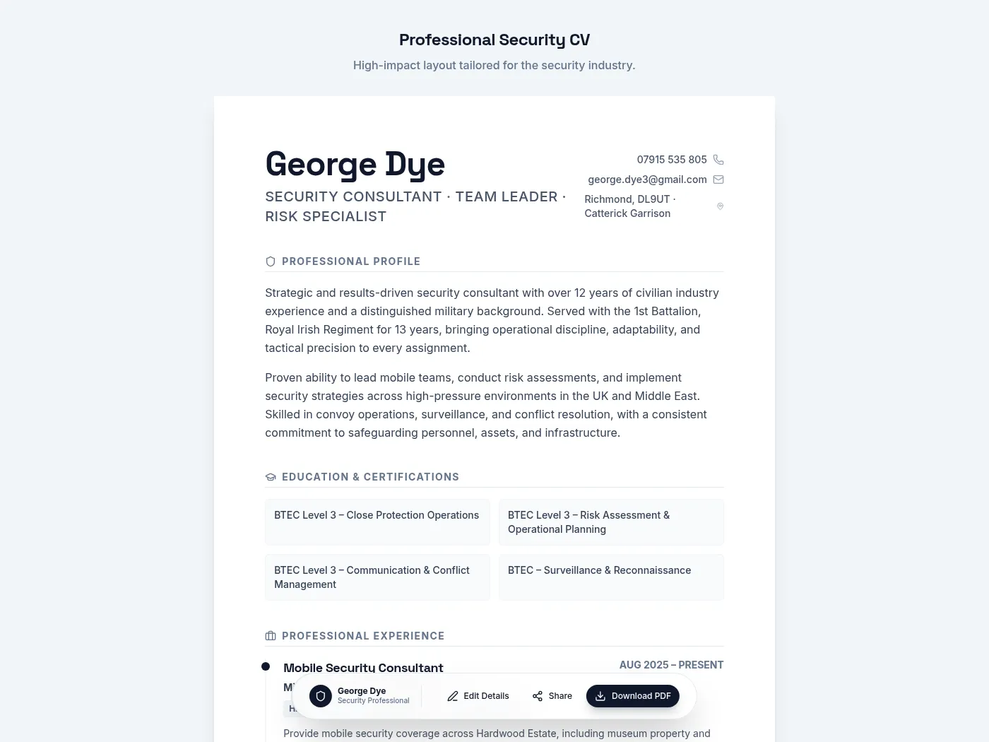 Security Pro CV Builder