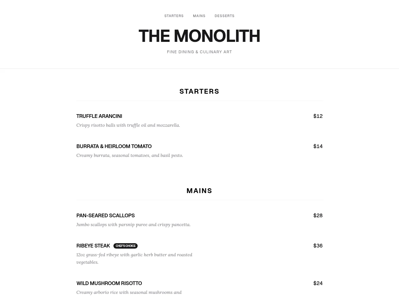 Semantic Menu Page