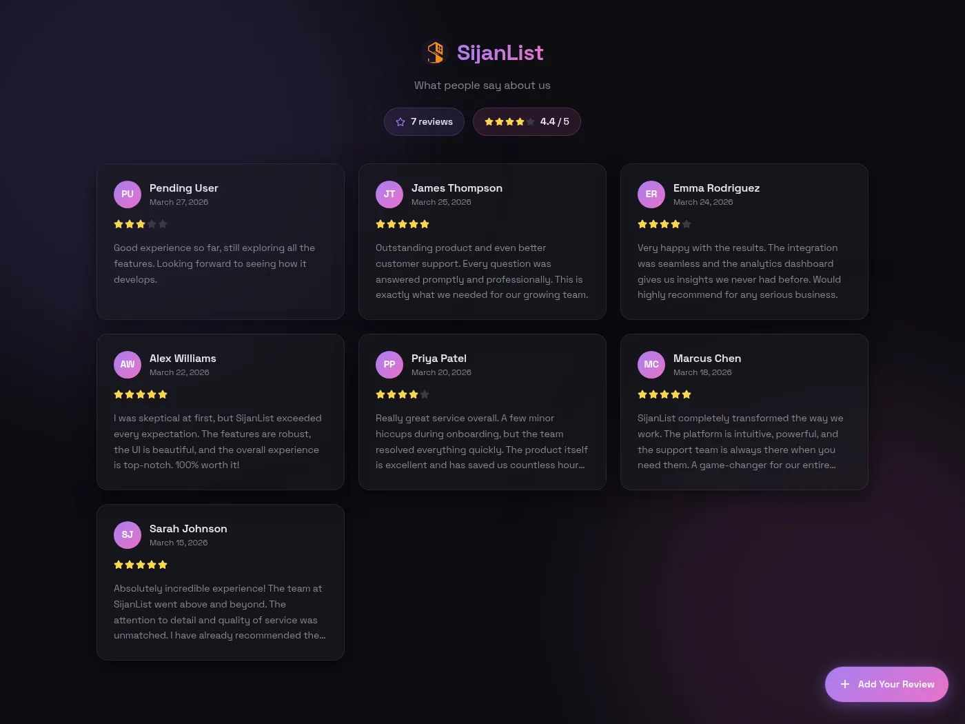 SijanList Review Portal