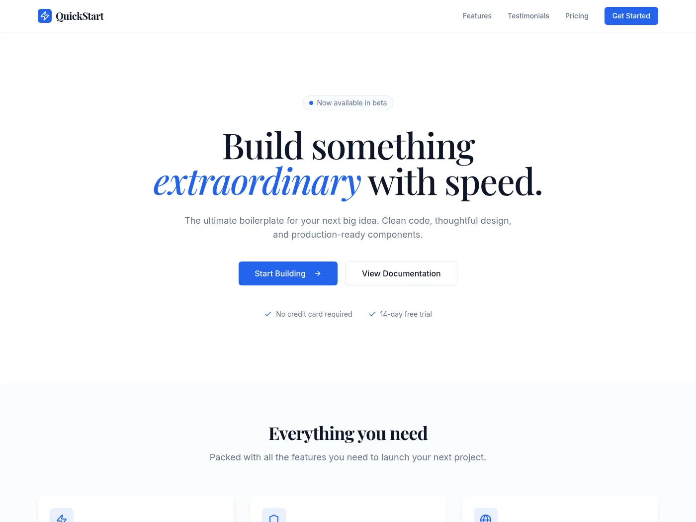 QuickStart Landing Page
