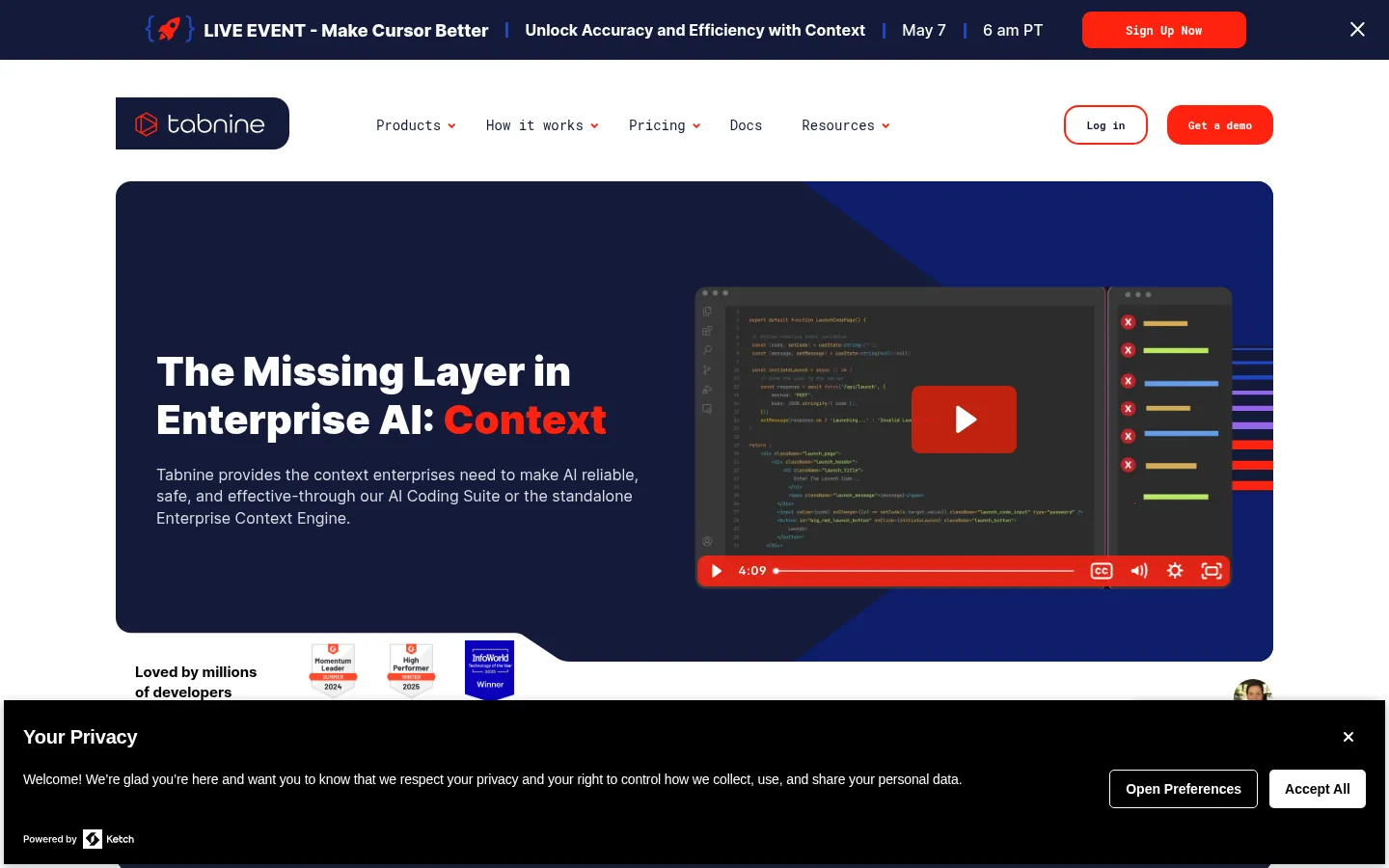 Tabnine landing page — privacy-first AI code assistant with local deployment options for regulated industries